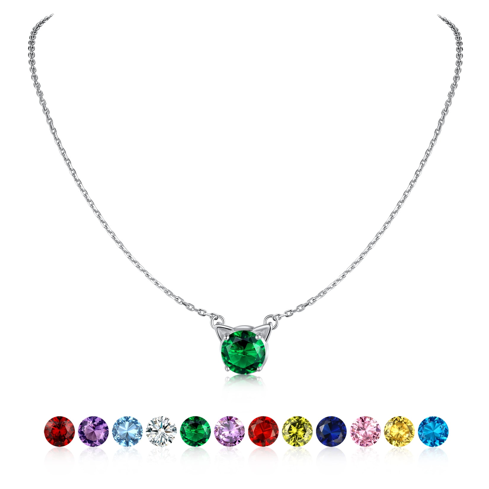 U7 Cute Cat Birthstone Necklace 925 Sterling Silver Choker Necklaces ...