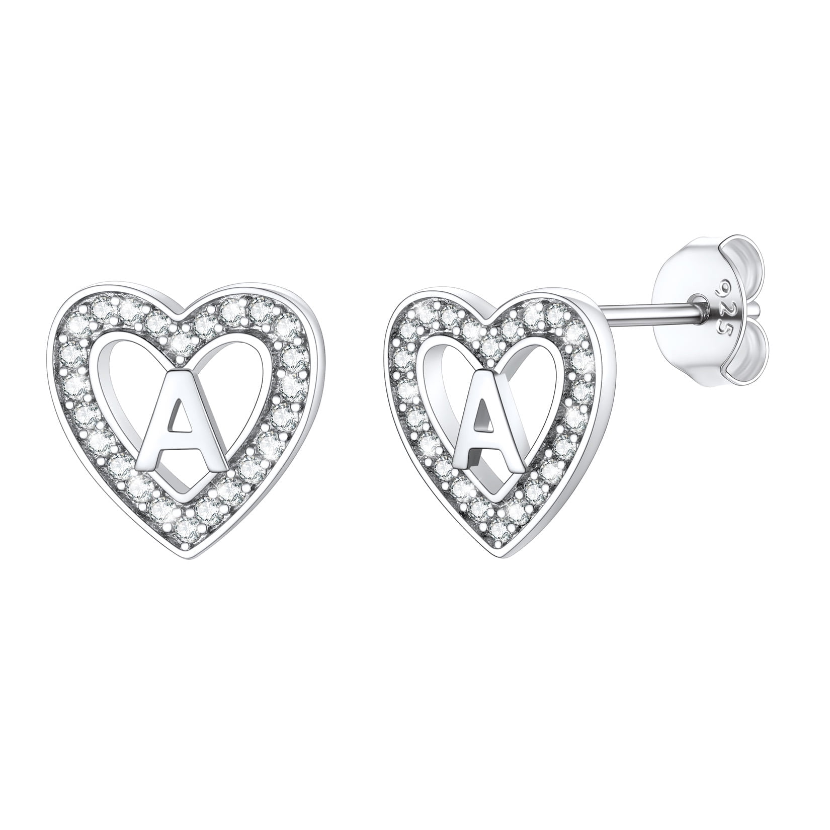 U7 Heart Initial Earrings, Hypoallergenic Sterling Silver, CZ Studs ...