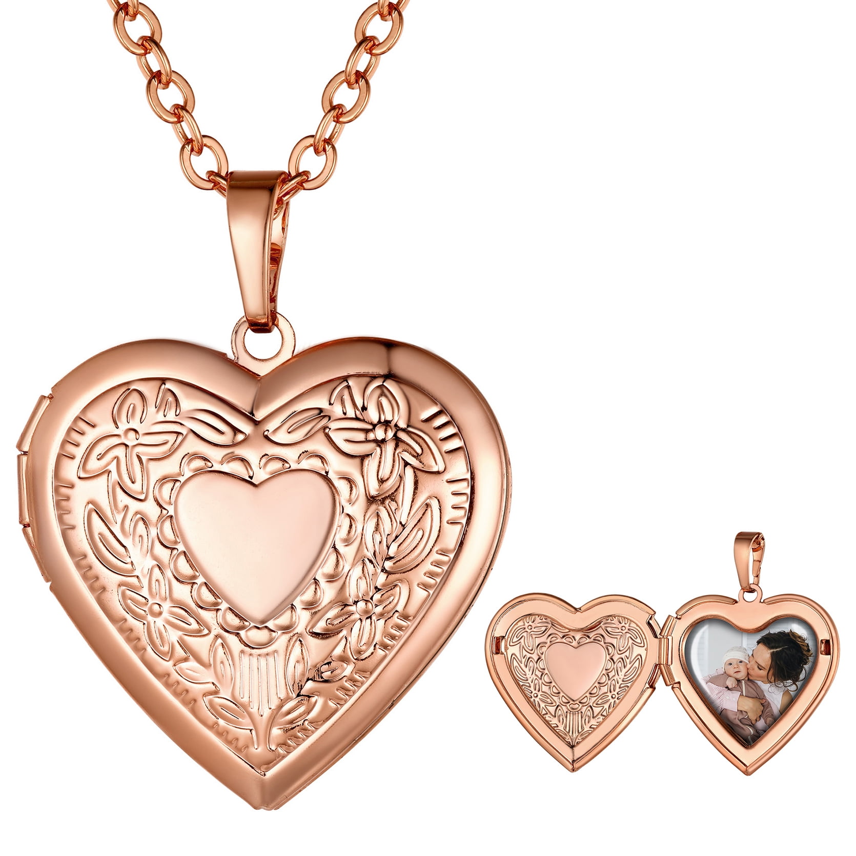 U7 Engraved Heart Locket Necklace, Rose Gold Photo Pendant, Memory ...