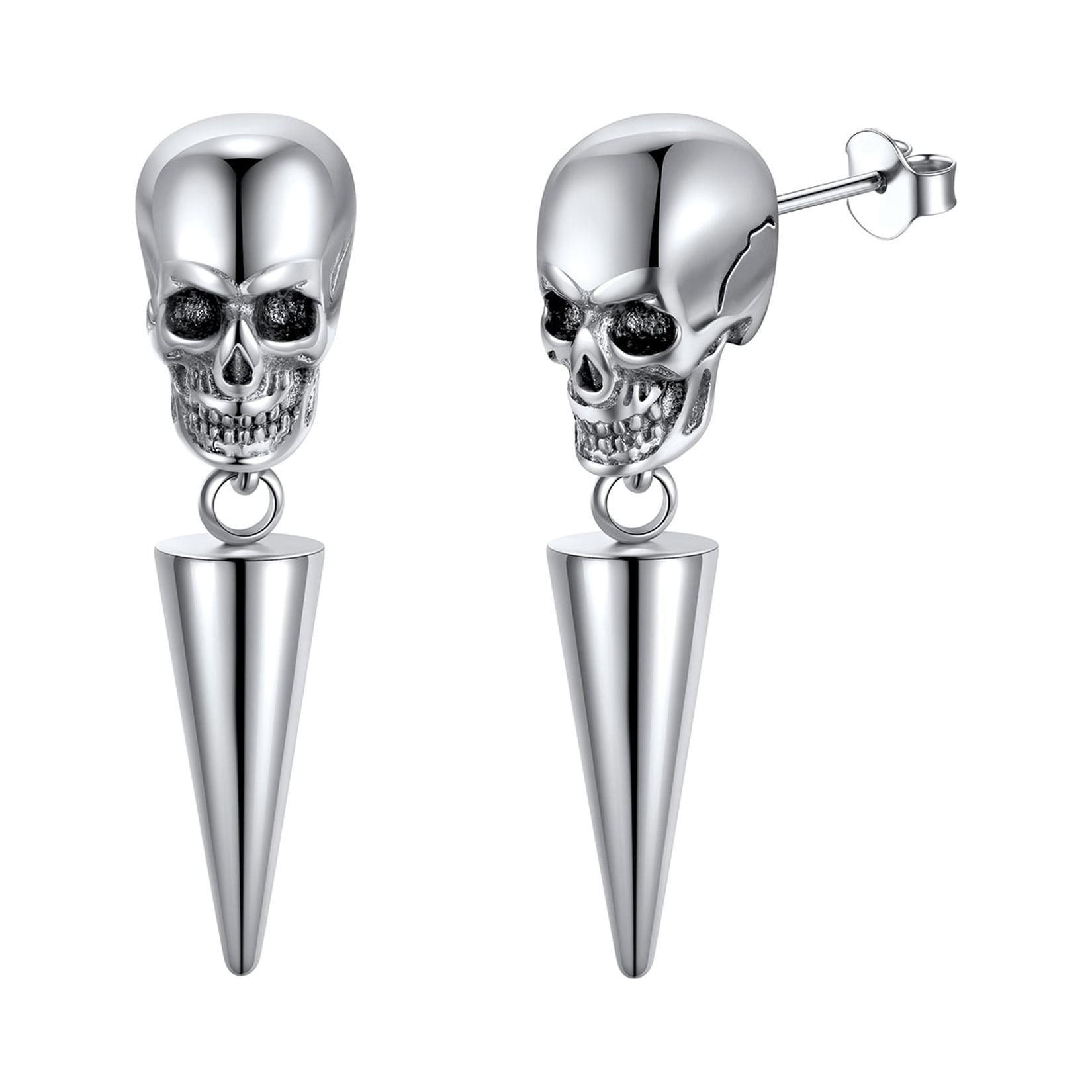 U7 Mens Earring Skull Head with Awl Silver Studs Dangle Drop Earrings ...