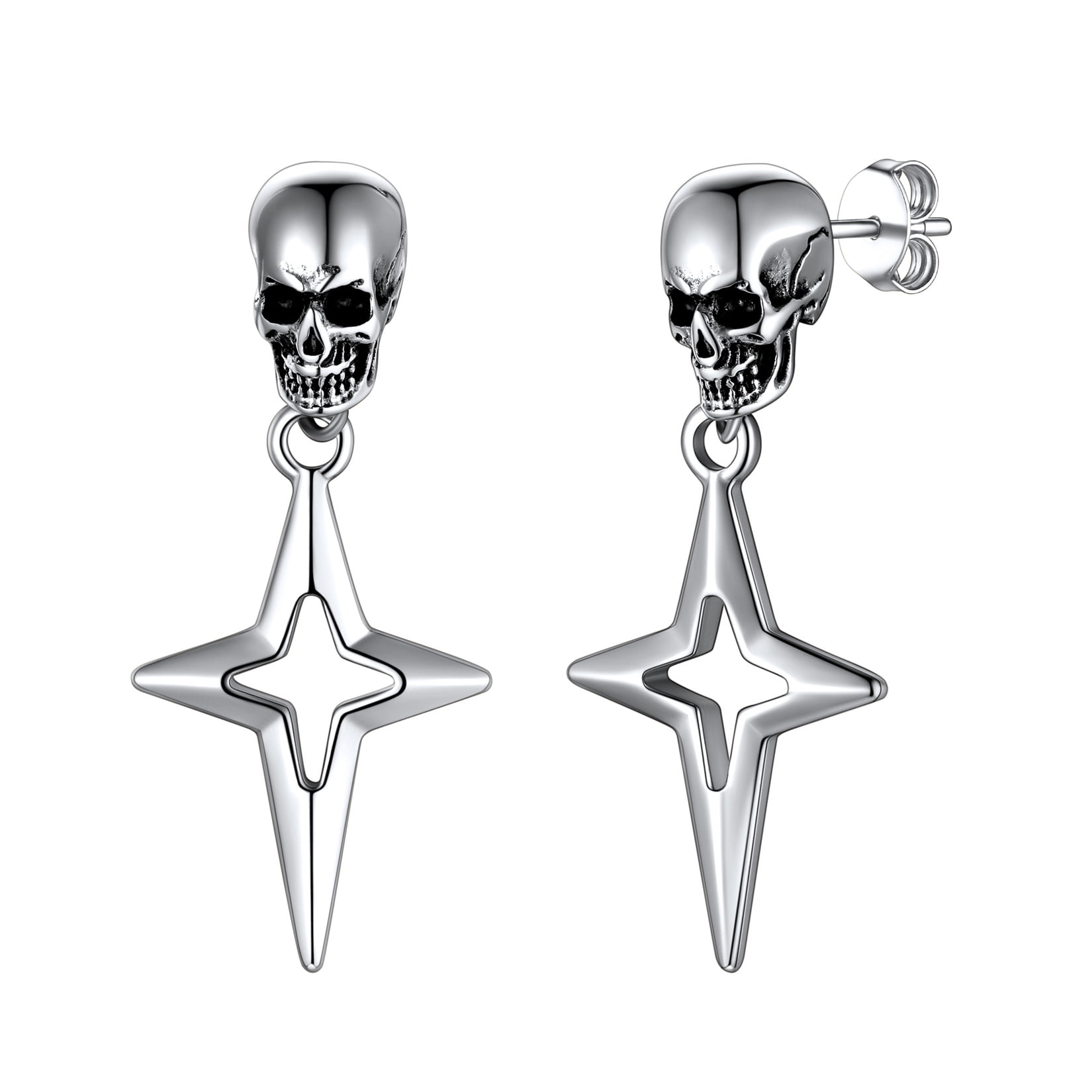 U7 Mens Earring Skull Head with Star Silver Studs Dangle Drop Earrings ...