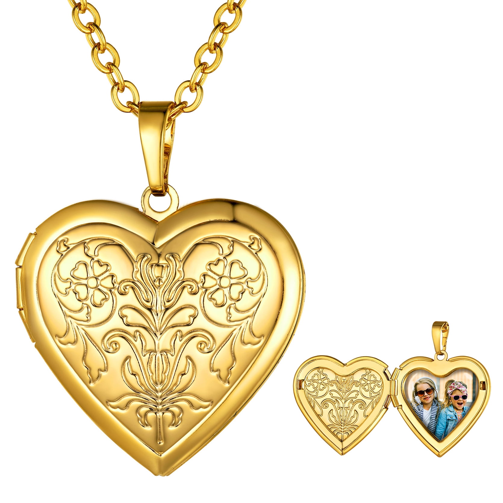 U7 Gold Flower Grain Pendant Heart Locket Necklace for Women Daughter ...