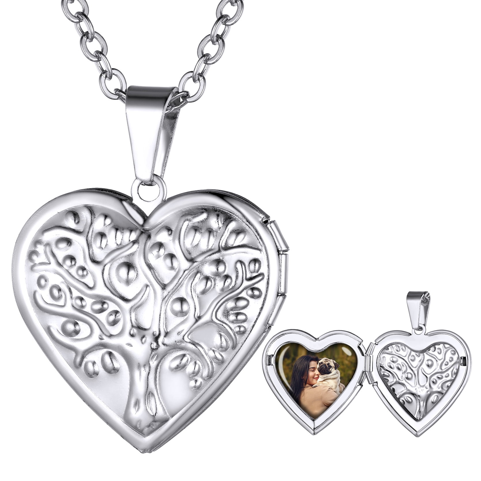 U7 Silver Plated Heart Locket Necklace with Tree of Life Pendant, Photo ...