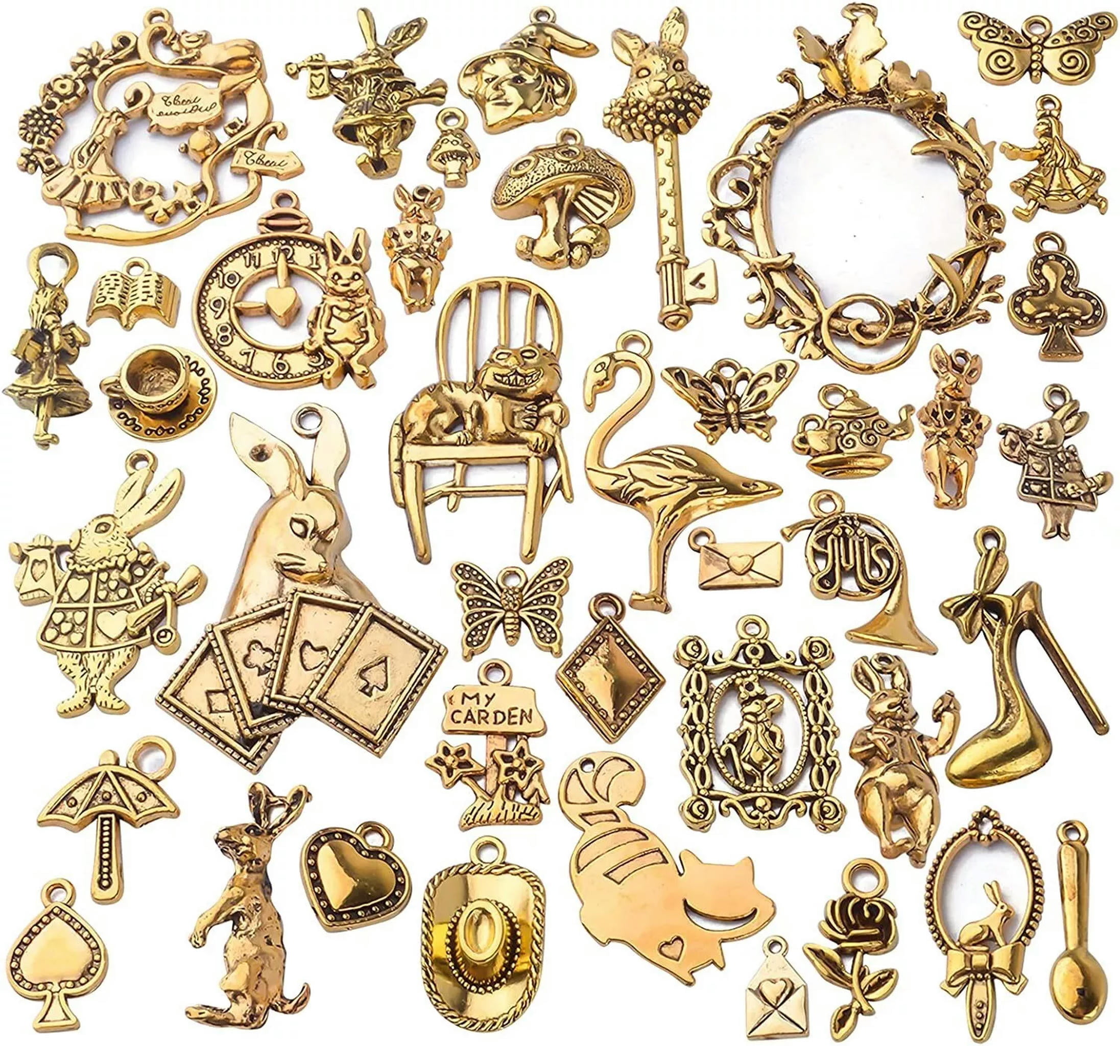 U8MO 10 Fairy Tale Charms Antiqued Gold Alice in Wonderland Themed ...