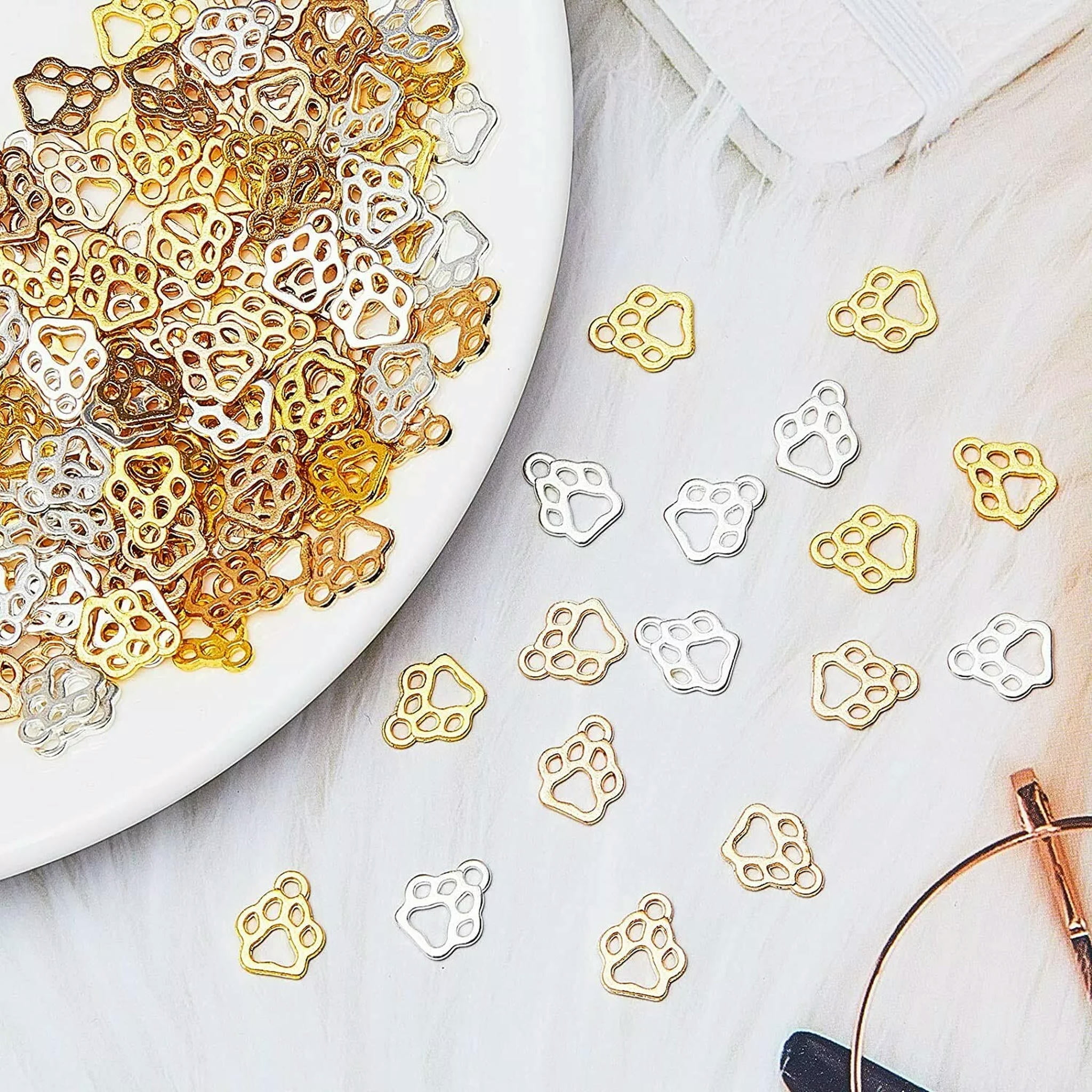 U8MO 10 Paw Print Charms Assorted Silver Gold Dog Pendants Connectors ...