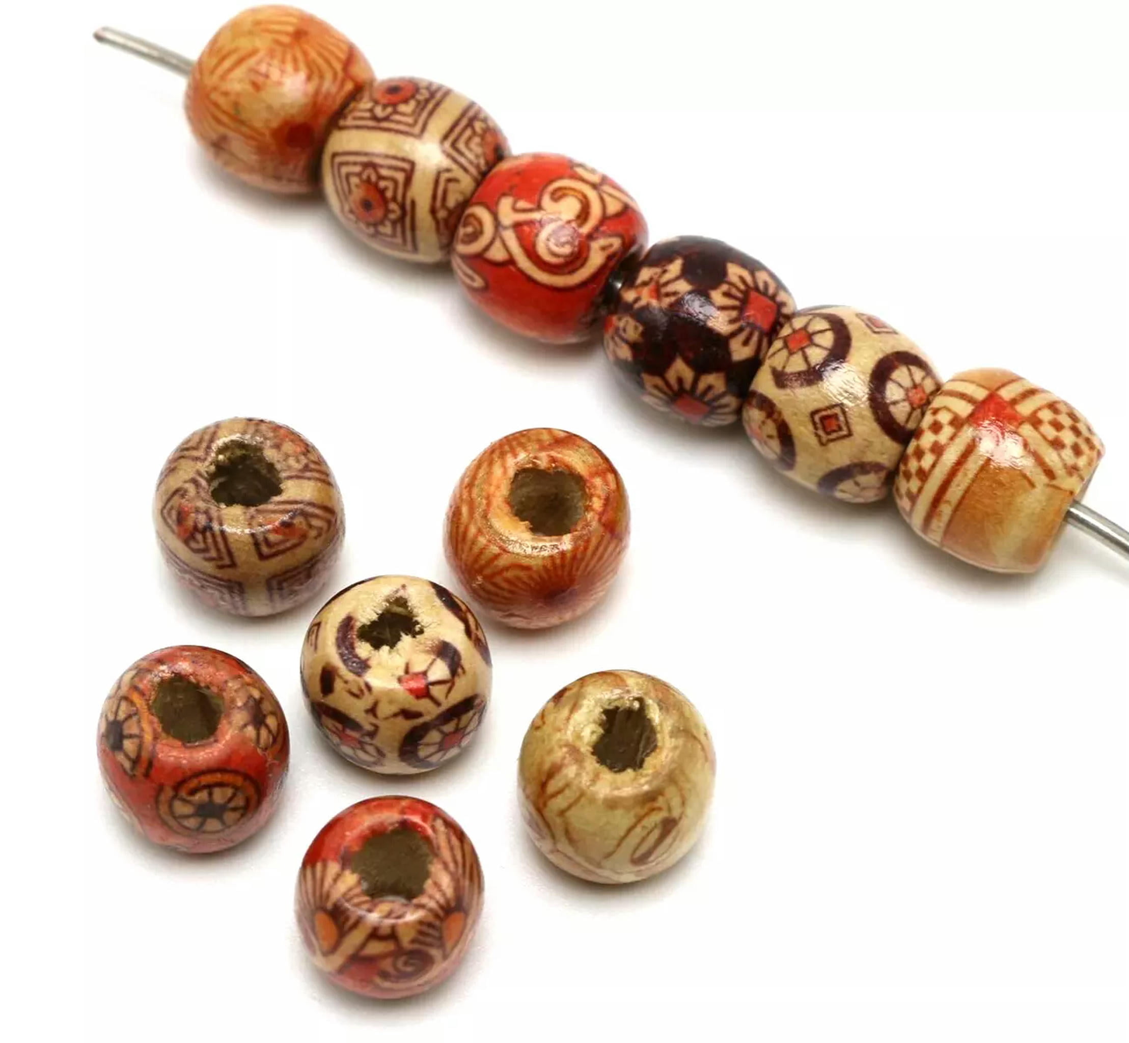 U8MO 100 Assorted Patterned Barrel Wood Beads 12mm with Big Hole~Wooden ...