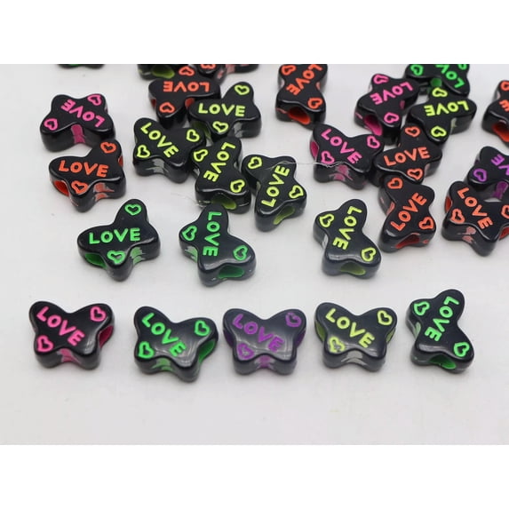 U8MO 100 Black with Neon Color Butterfly Pony Beads with Love 15X10mm ...
