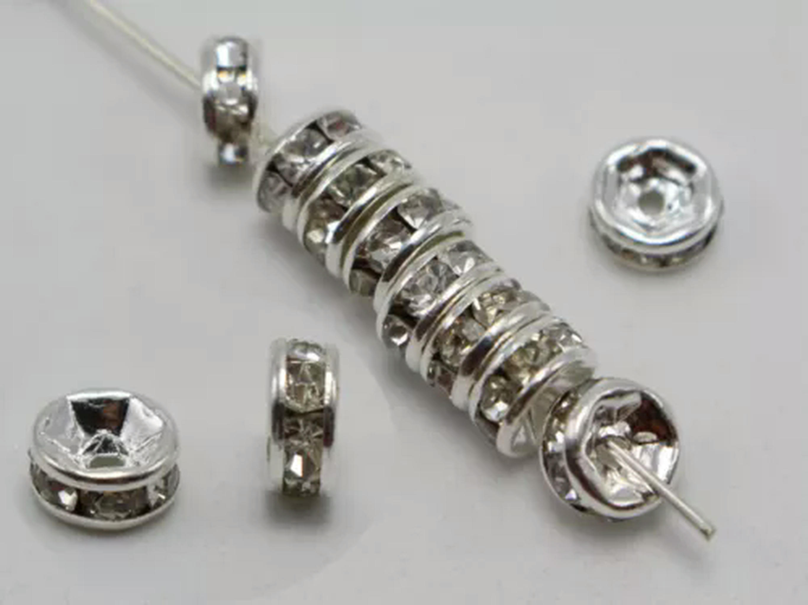 U8MO 100 Silver Crystal Rhinestone Rondelle Spacers Beads 6mm 8mm 10mm ...