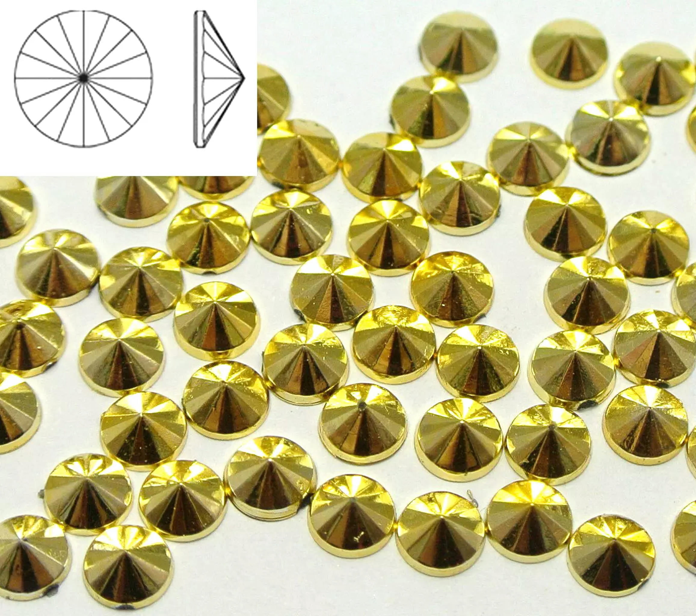U8MO 1000 Golden Acrylic Flatback Round Rivoli Rhinestone Gems Cone ...
