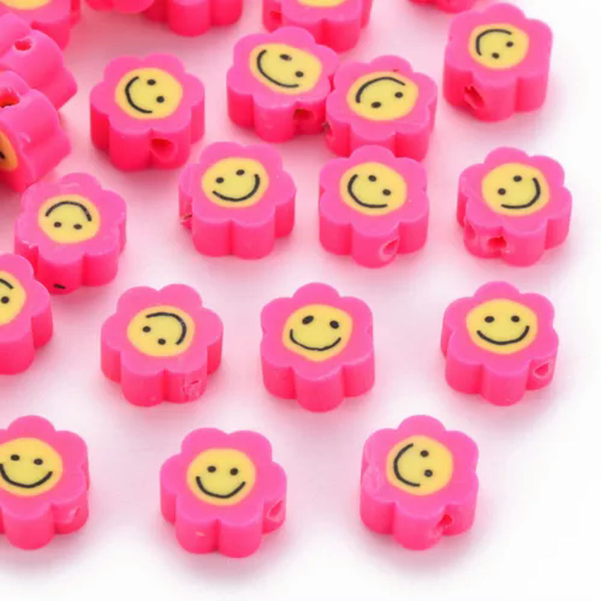 U8MO 100pcs 9~10mm Flower with Smiling Face Handmade Polymer Clay Beads ...