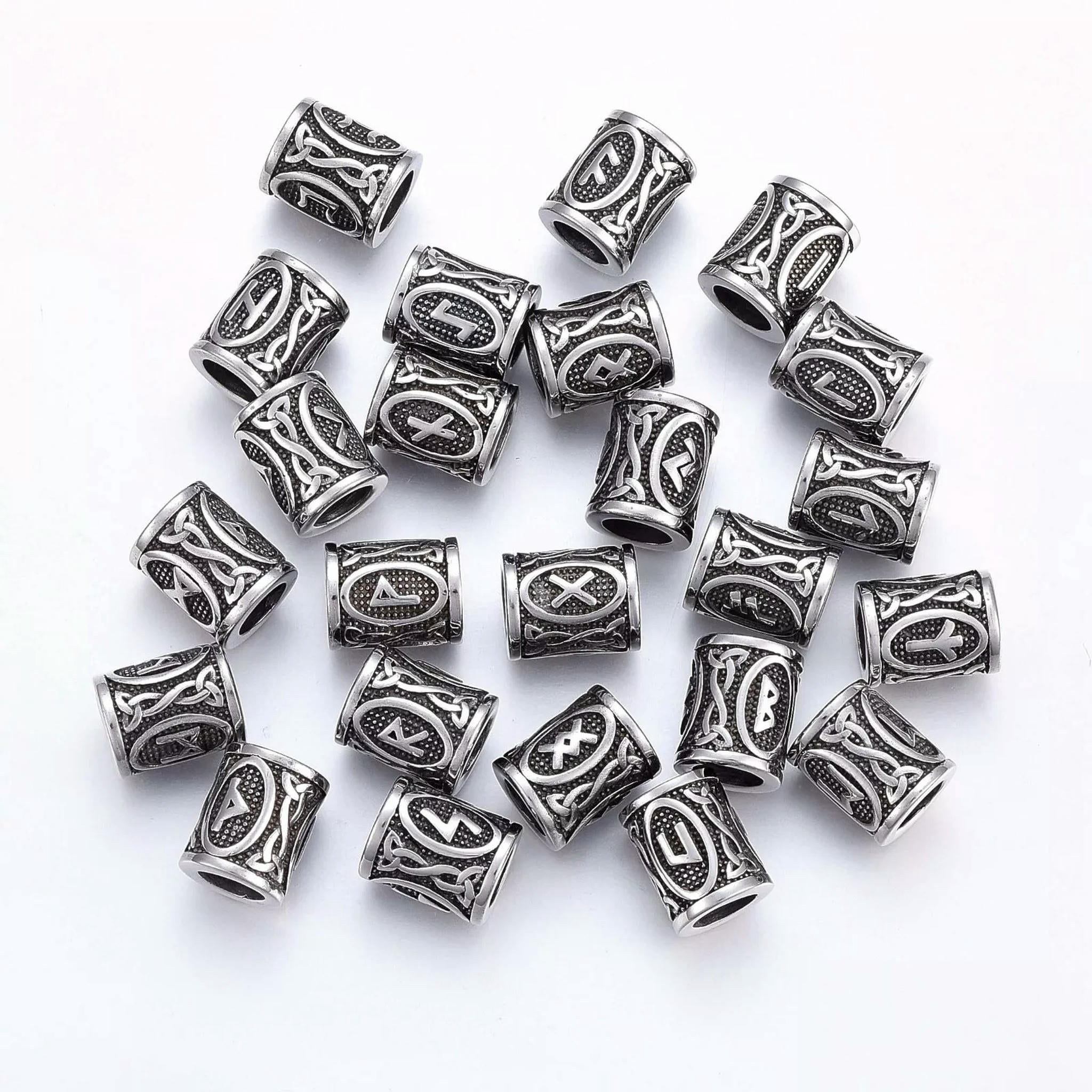 U8MO 10Pcs Antique Silver Stainless Steel Column Beads Viking Runes ...