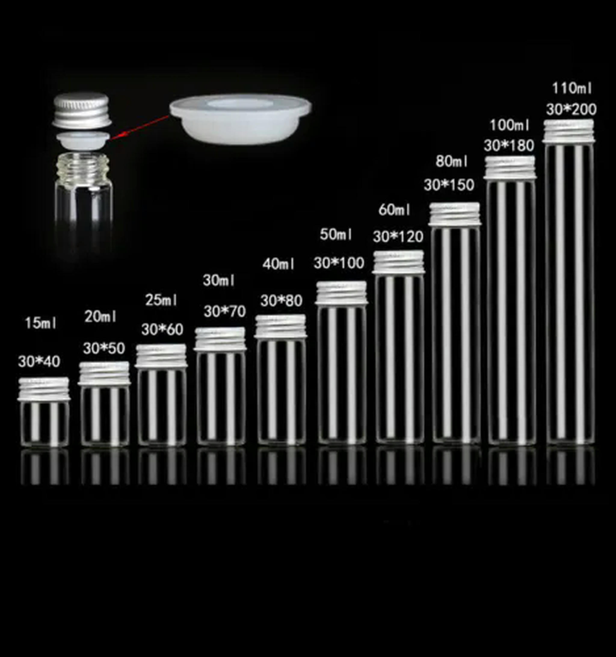 U8MO 10pc 15ml~110ml Glass Vial Jars Bottle Crafts With Aluminum Lid Silicone Gasket-30*180mm ...