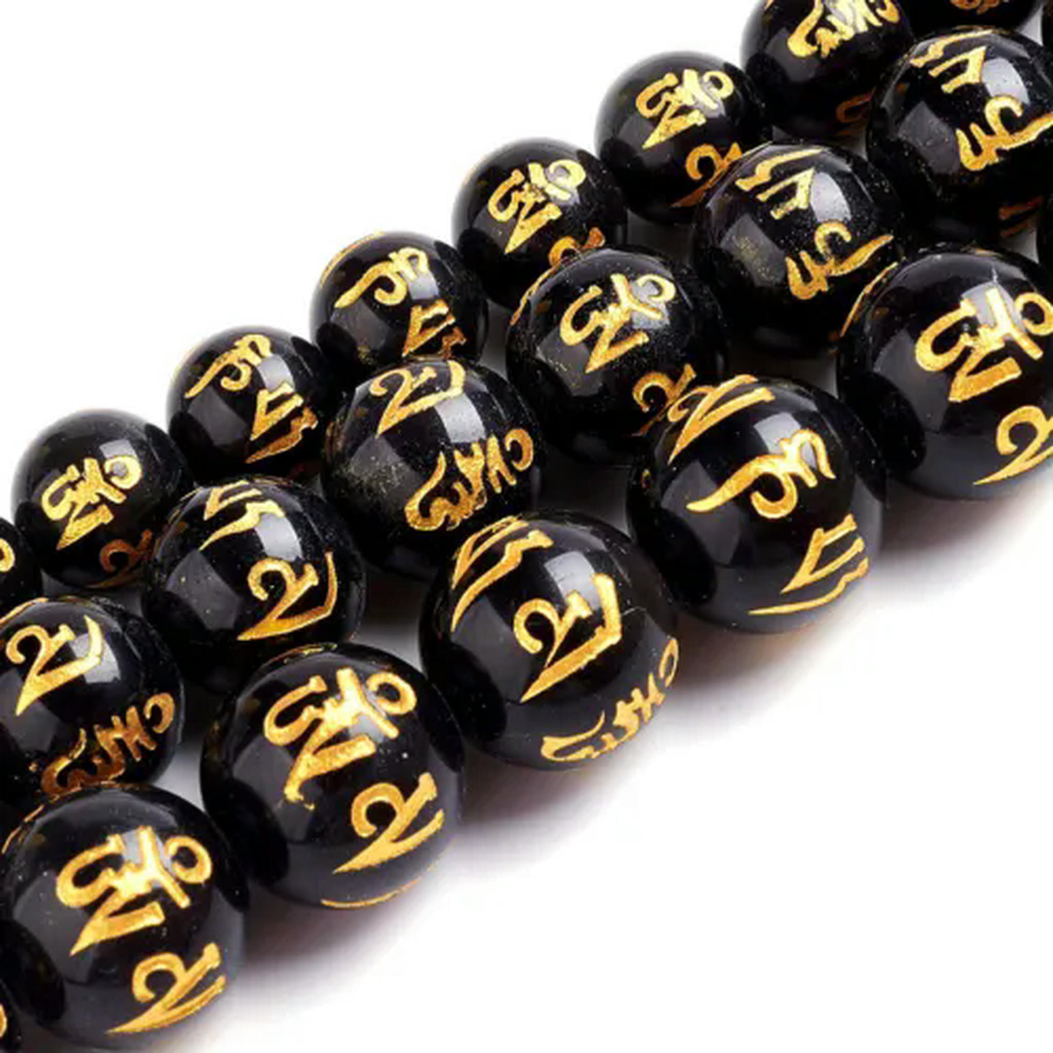 U8MO 15" Strd Natural Obsidian Stone Guru Beads Round Carved Om Mani ...