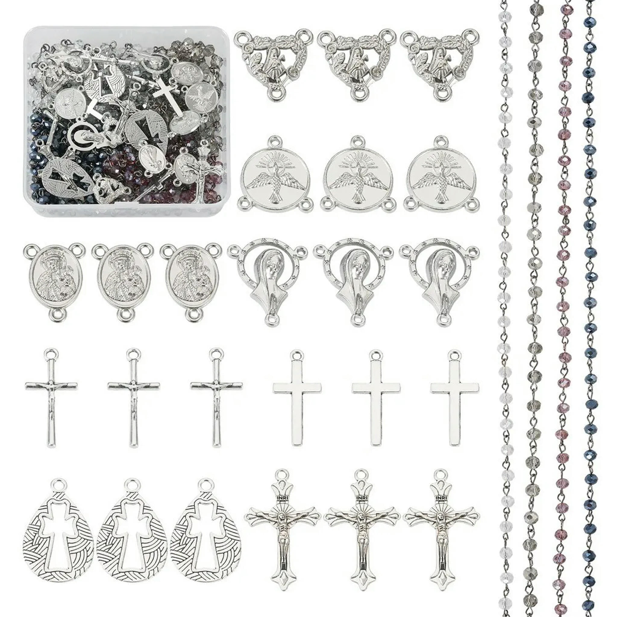 U8MO 1Box Glass Beaded Chains Cross Virgin Mary Links DIY Rosary ...