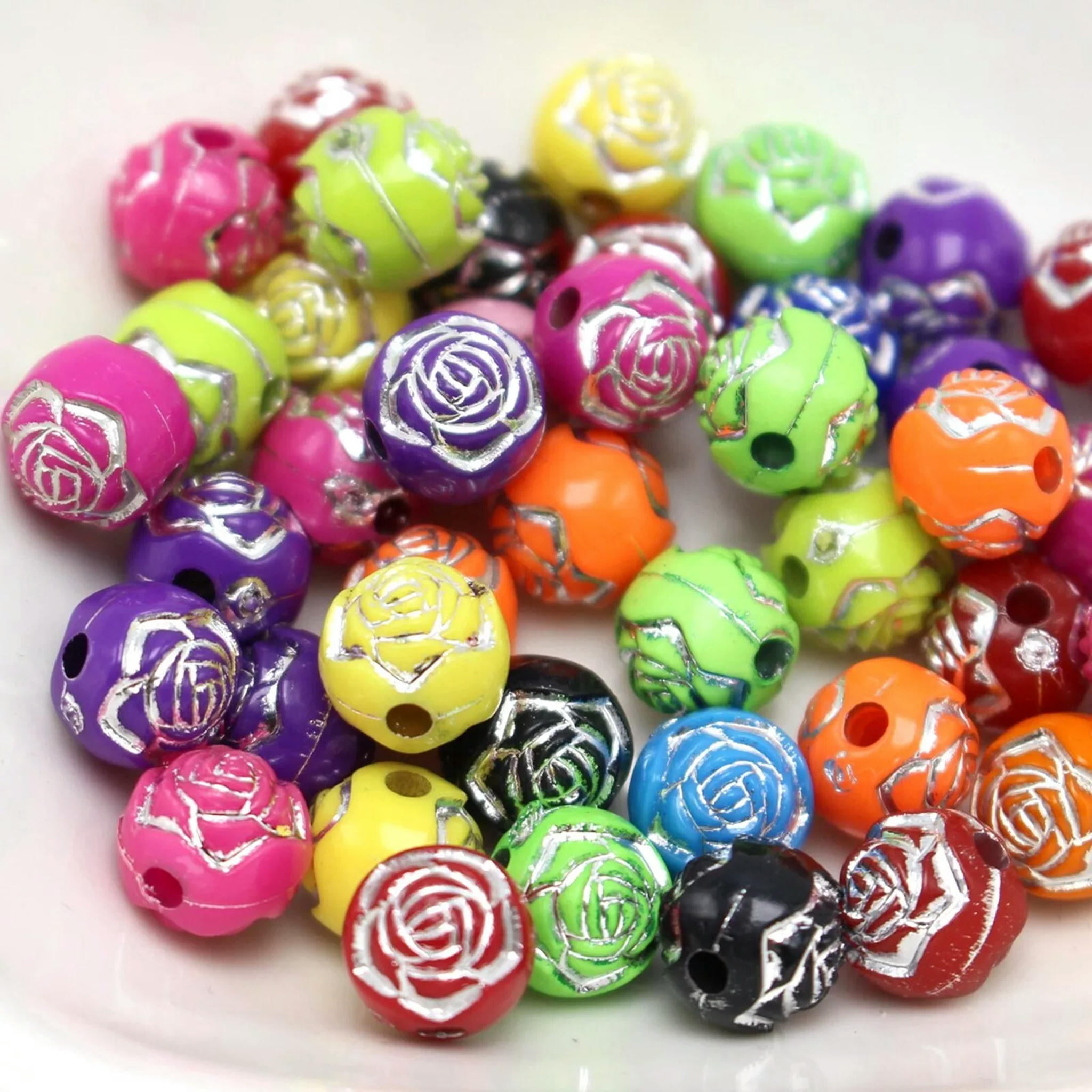 U8MO 200 Mixed Colour Sparkling Silver Rose Flower Acrylic Round Beads ...