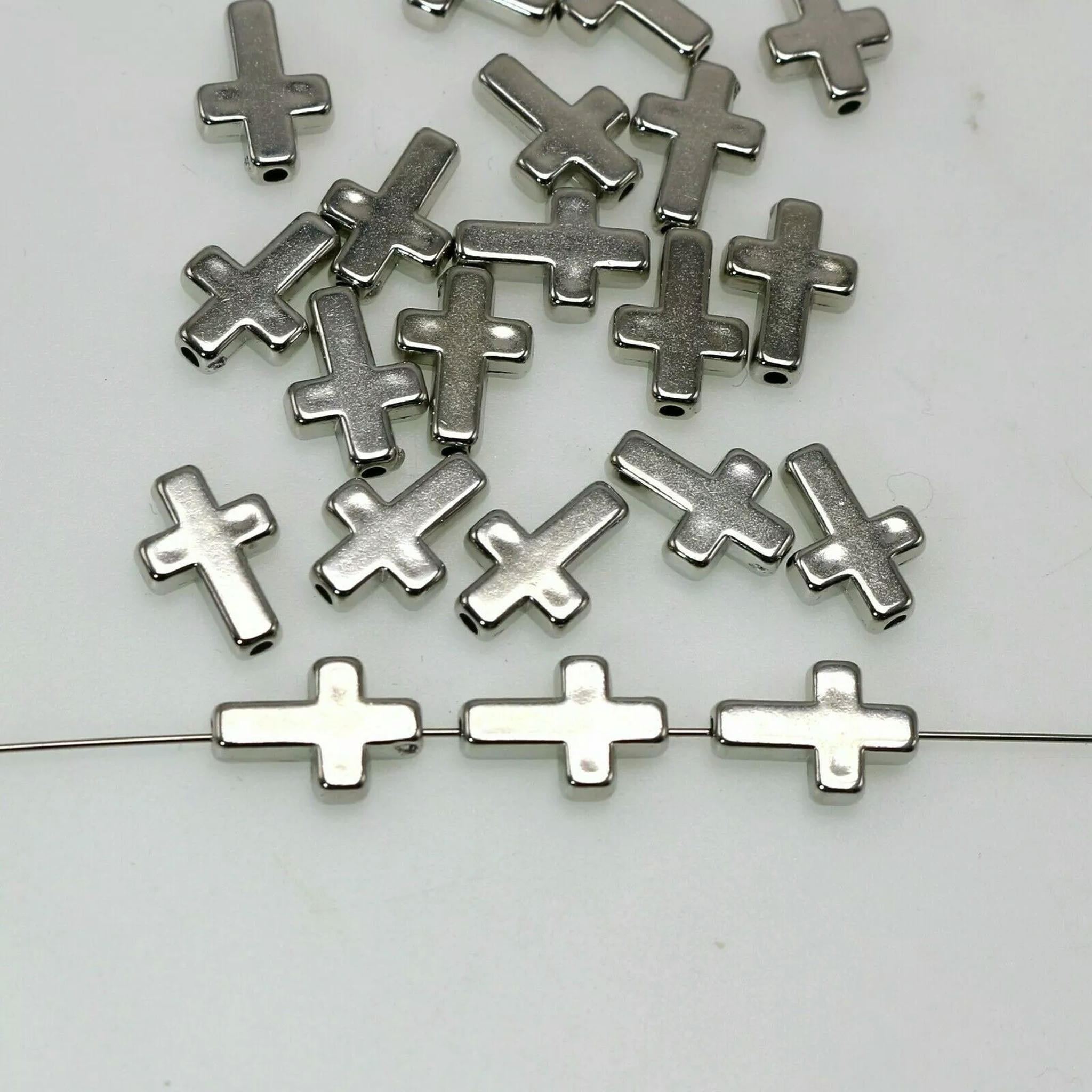 U8MO 200 Silver Tone Metallic Acrylic Smooth Cross Beads 13X9mm Spacer ...