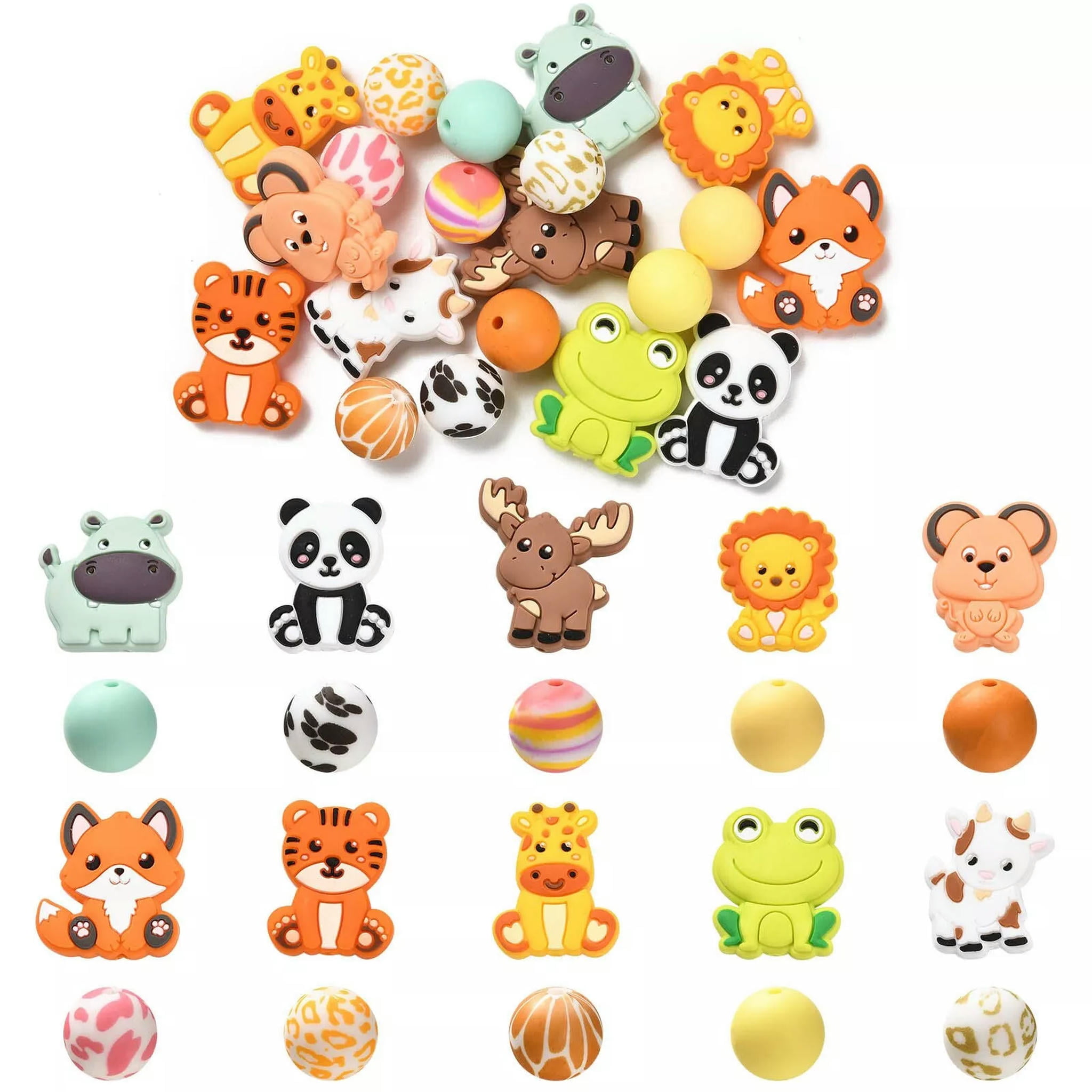 U8MO 20x Animals Round Silicone Panda Lion Tiger Fox Cow Focal Beads ...