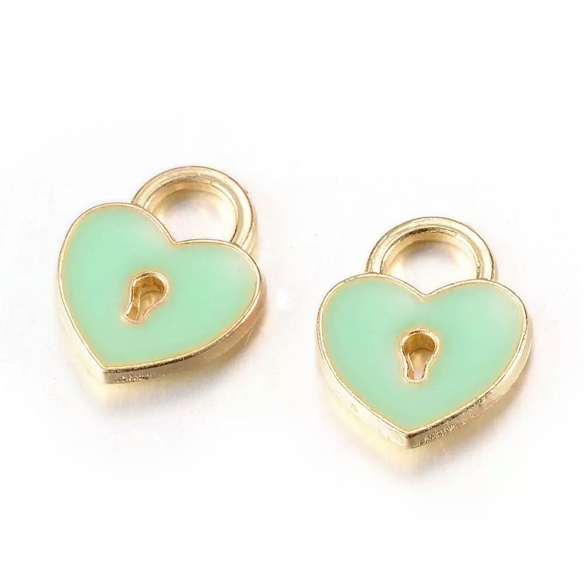 U8MO 4 Enamel Heart Lock Charms Gold Mint Green Miniature Findings Key ...