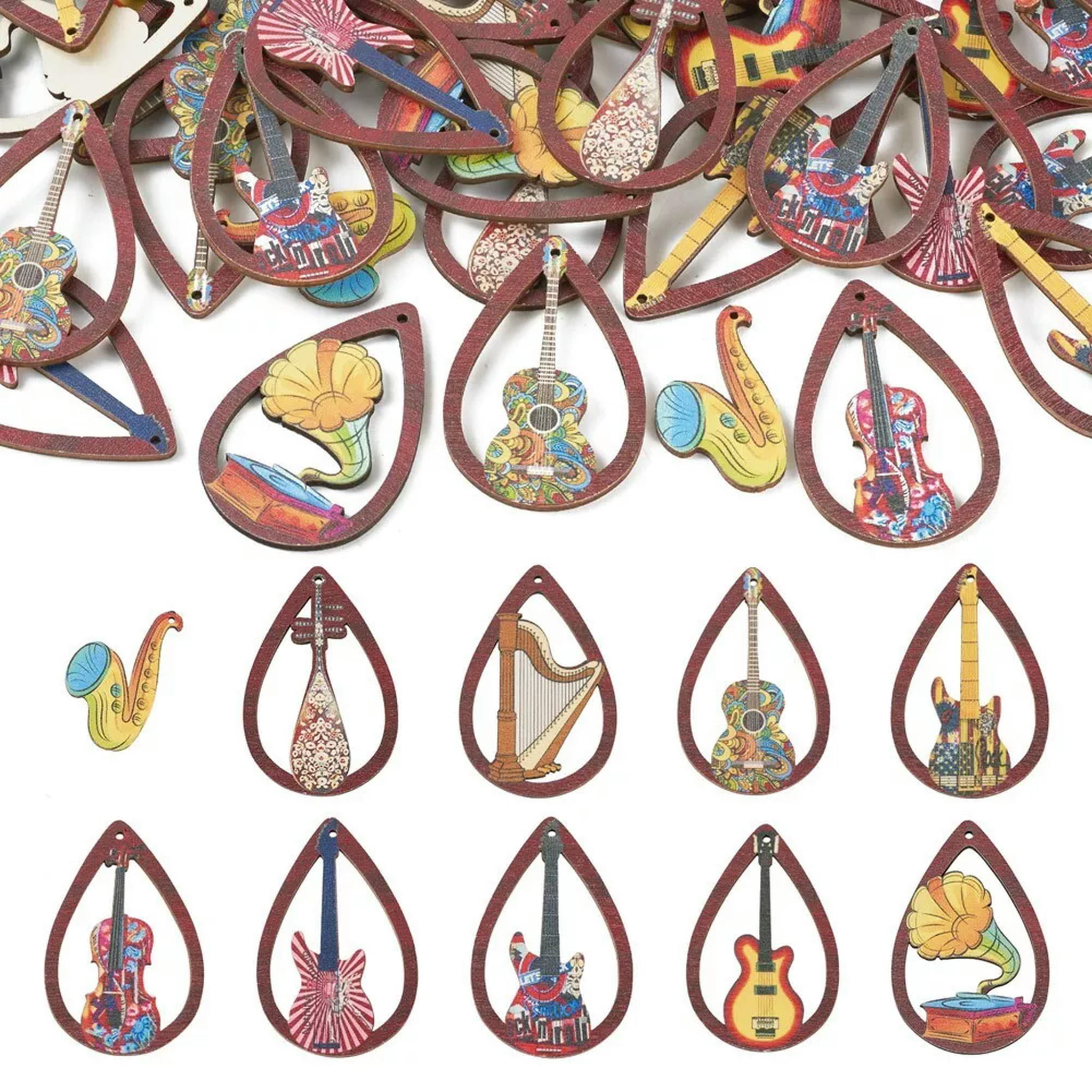 U8MO 40Pcs Printed Wood Saxophone Musical Instruments Teardrop Charms ...