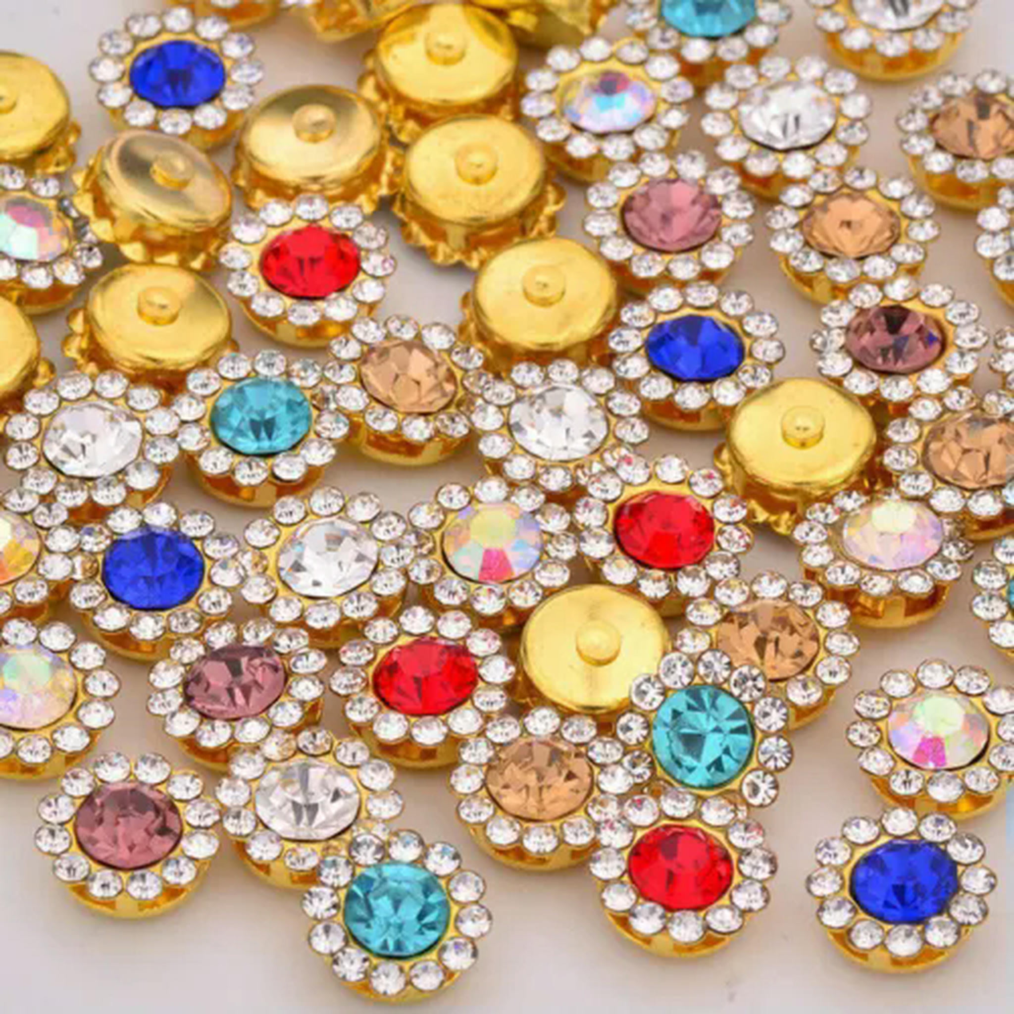 U8MO 50 Gold Bling Crystal Rhinestone Pearl Flatback Buttons 9mm 11mm ...