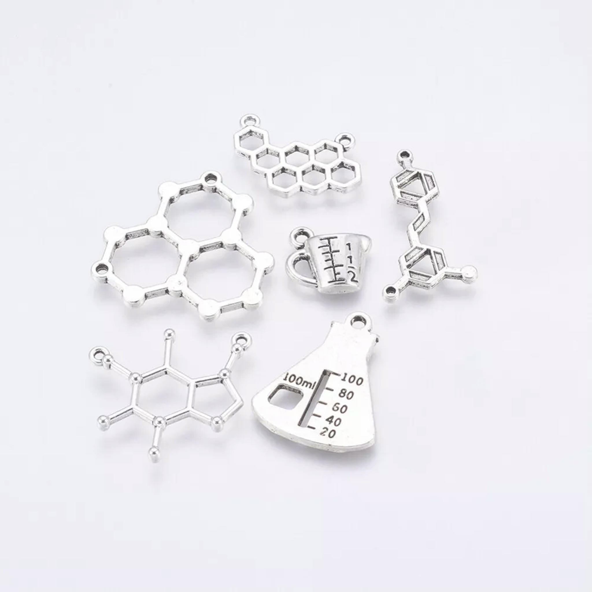 U8MO 6 Chemistry Charms Antiqued Silver Molecules Pendants Set Assorted ...