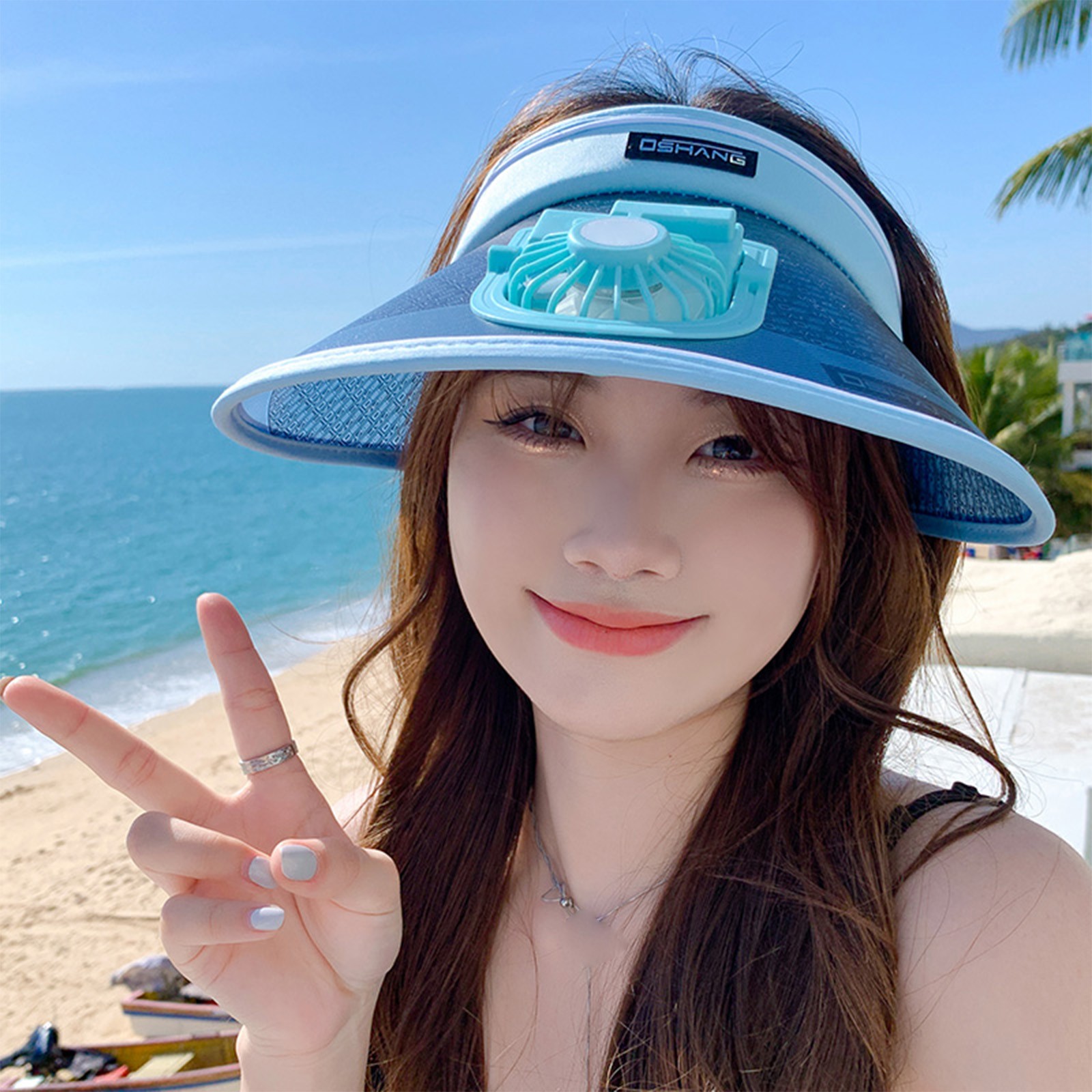 UAEBM Summer Sunscreen Fan Cap Large Eaves Empty Sports Cap USB Charging Sun Visor Blue ...