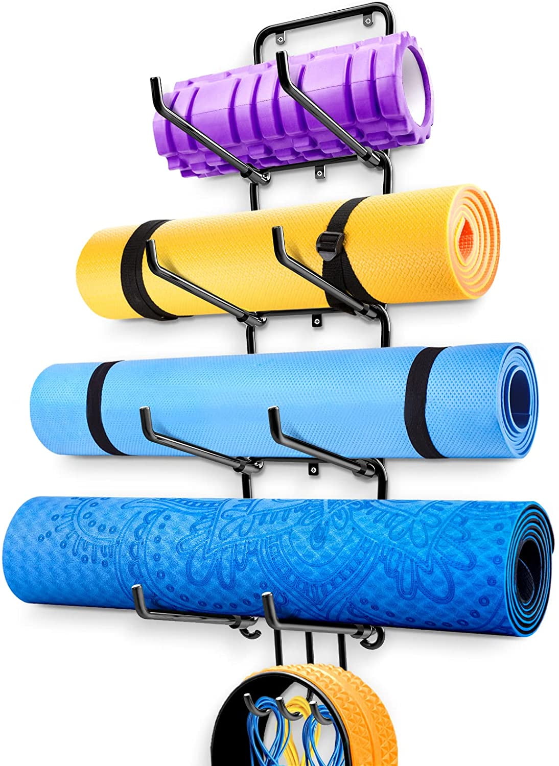 UALAU Yoga Mat Holder Wall Mount, Foam Roller Rack with 3 Hooks, 4 ...