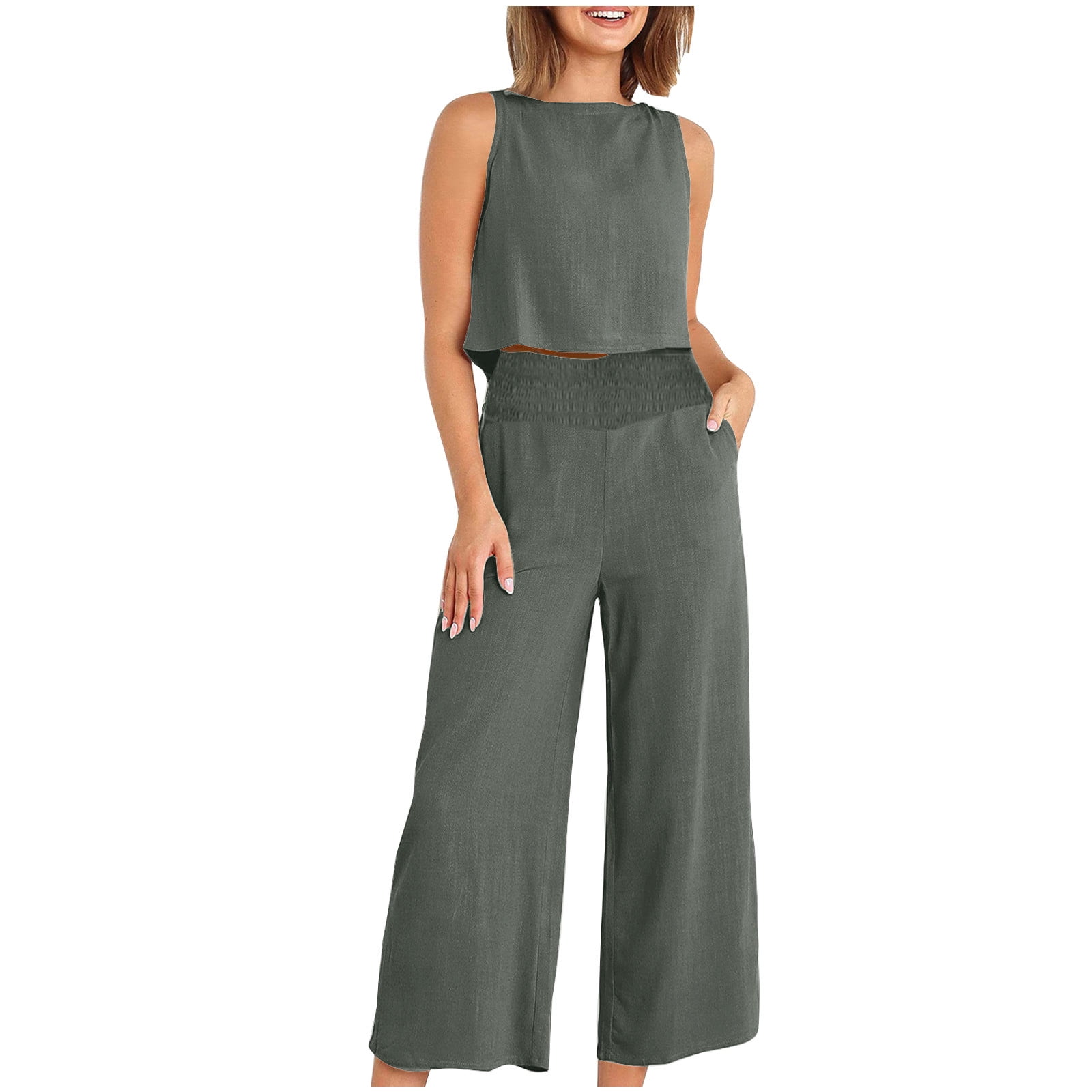 UAMVSH 2 Piece Cotton Linen Sets for Women Lightweight Sleeveless ...