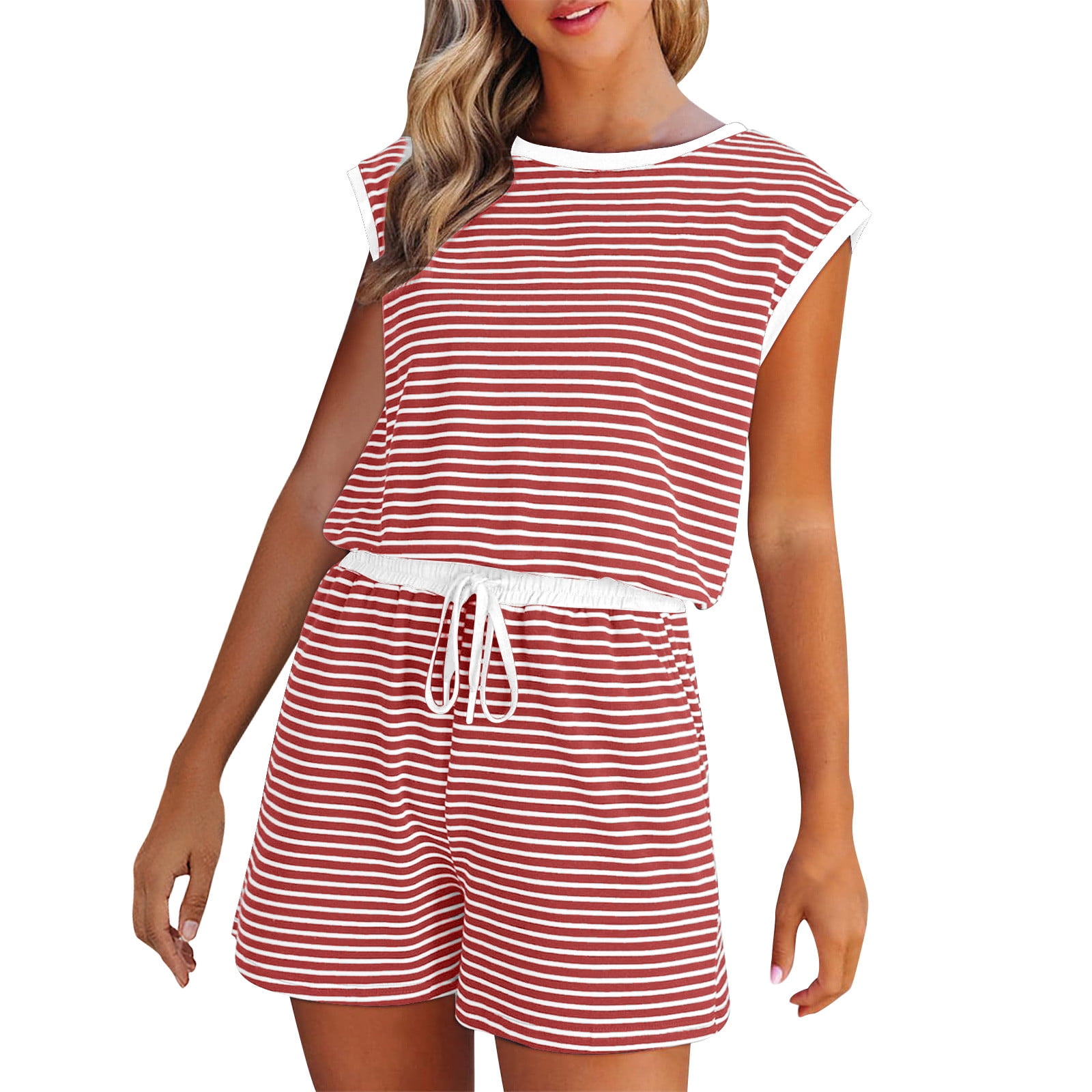 UAMVSH Rompers for Women Fashionable Stripe Printed Short Jumpsuit Cap ...