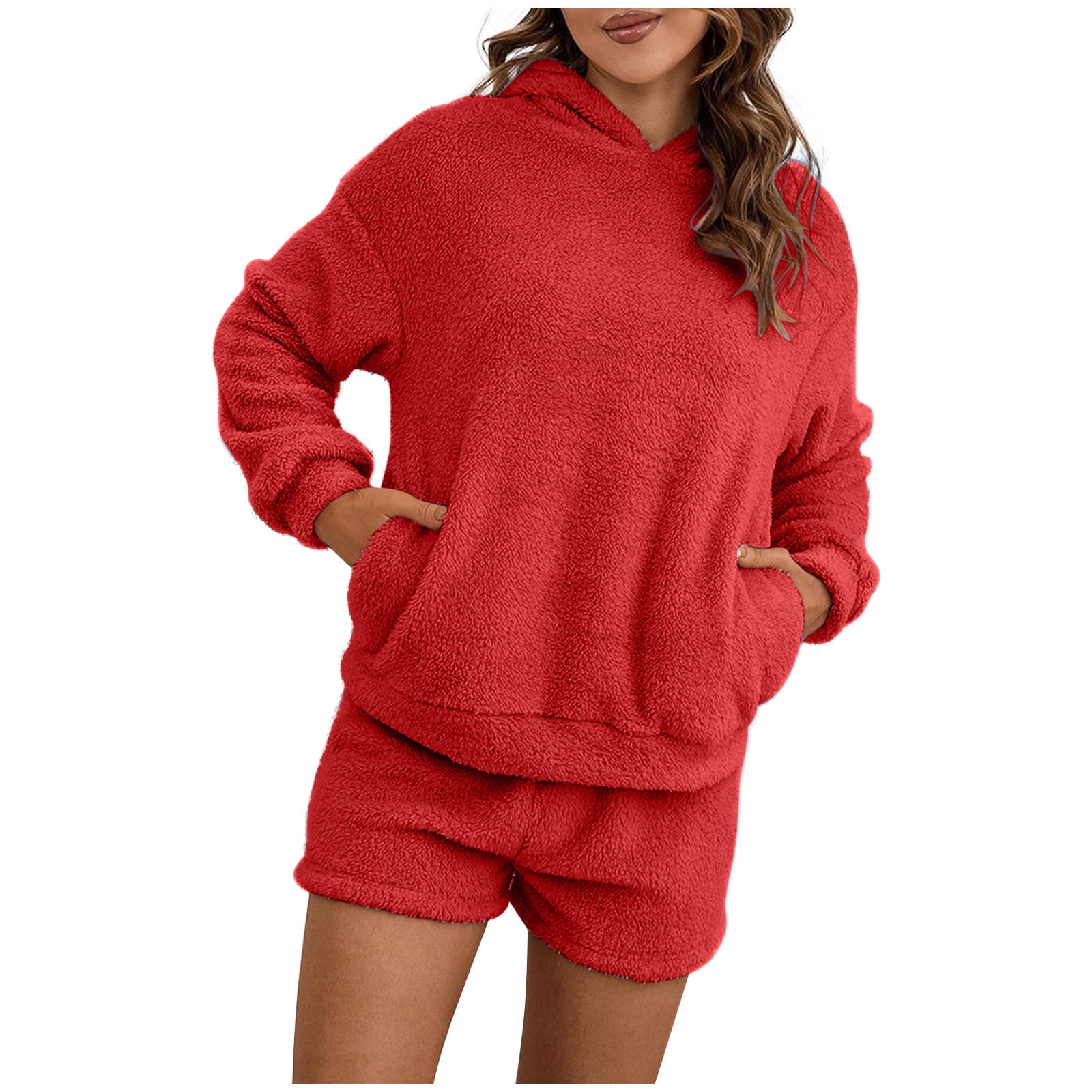 UAMVSH Women's Fluffy Pajamas Set 2 Piece Fleece Pullover and Shorts Pj ...