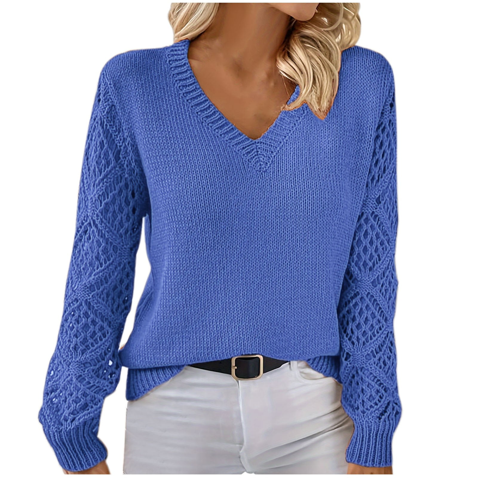 UAMVSH Women's Hollow out Sweater Elegant V Neck Long Sleeve Knitted ...