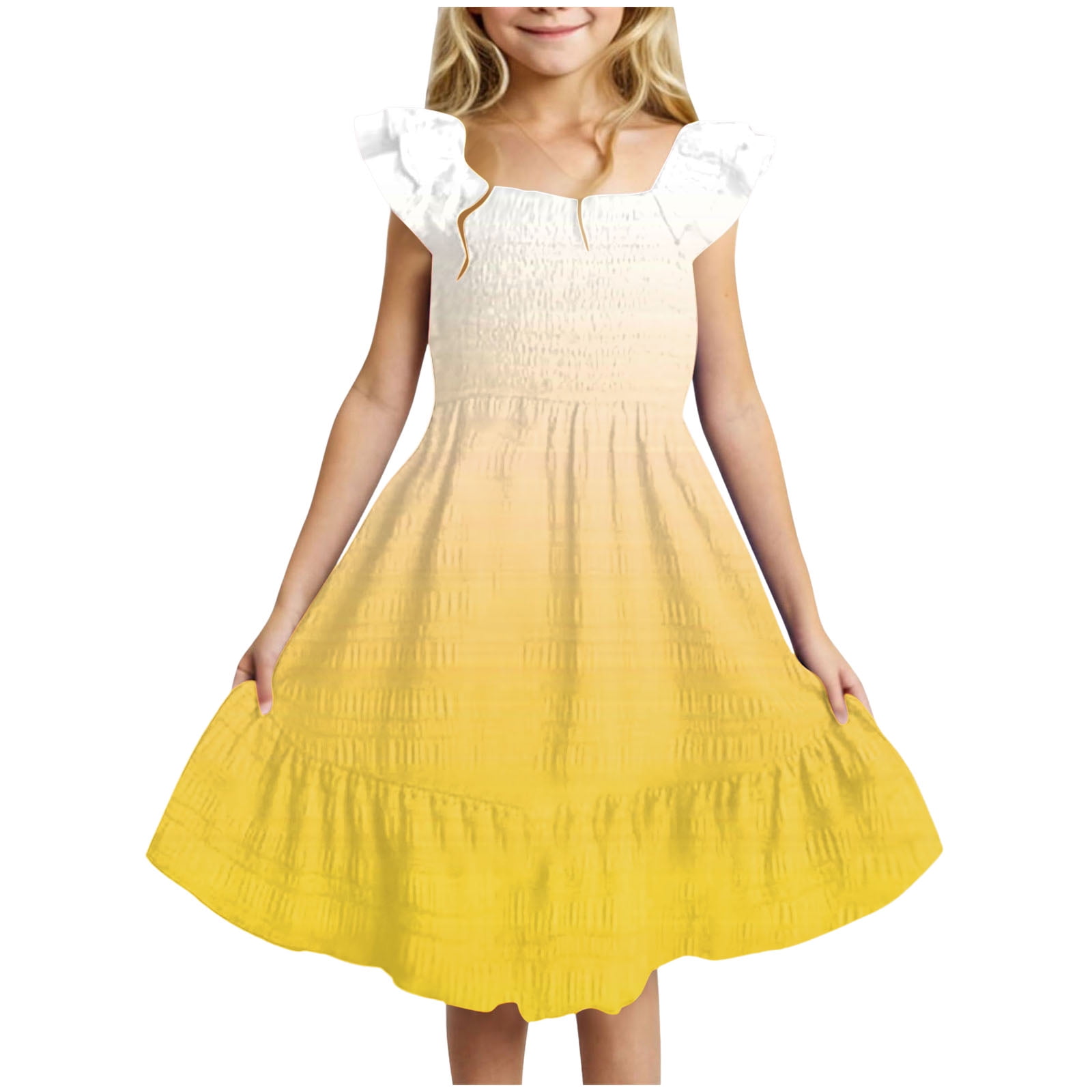 UAYOTSE Girls Ruffle Trim Dress Print and Solid Color A-line Swing Flared Belted Casual Party ...