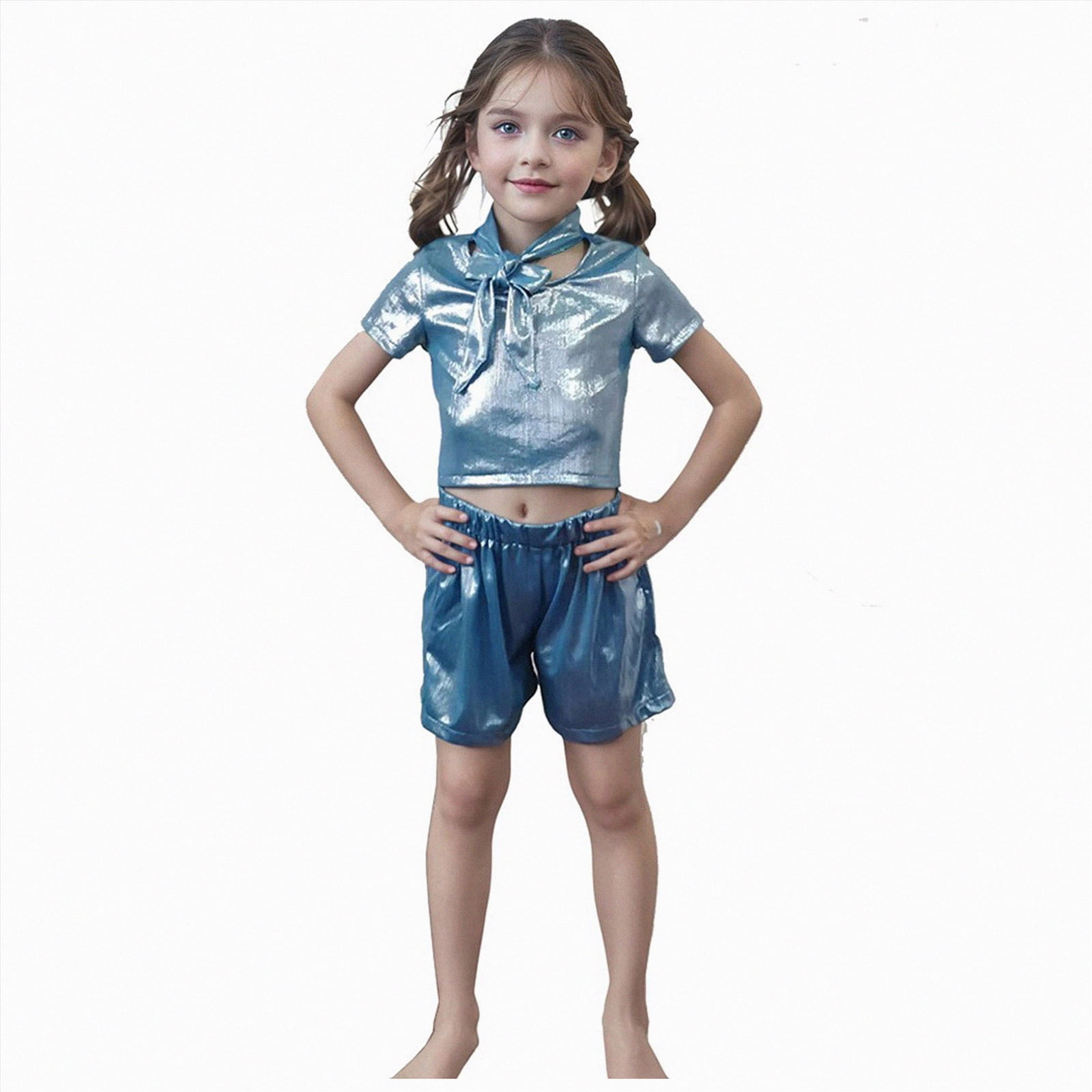 UAYOTSE Metallic Crop Tops With Shiny Skirt 2 Pcs Set Kids Short Sleeve ...