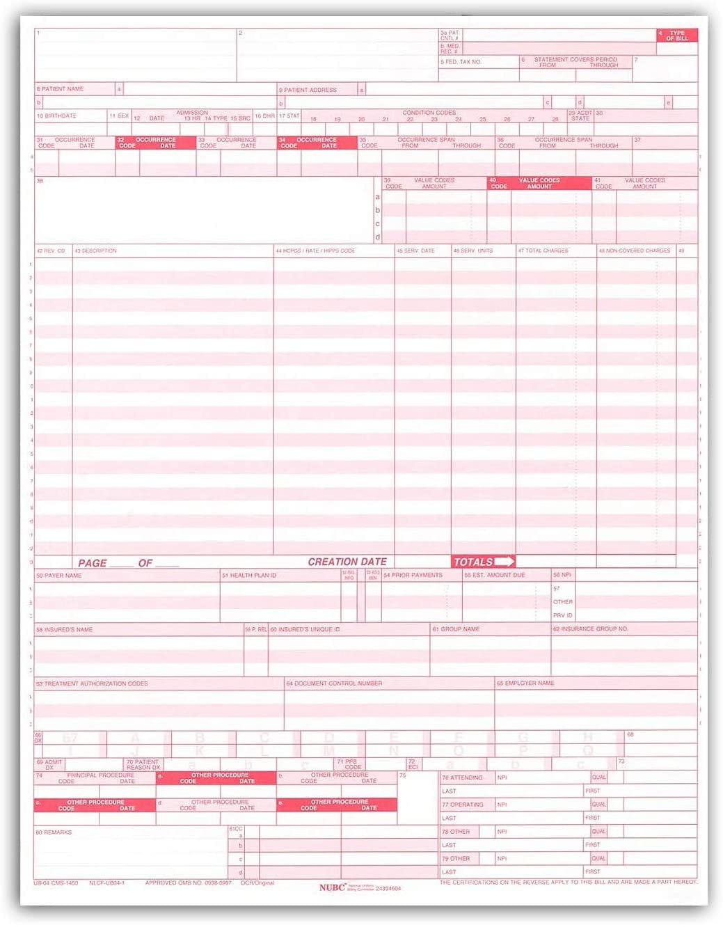 UB-04 CMS 1450 Health Hospital Insurance Claim Form, Laser 8-1/2 x 11 ...