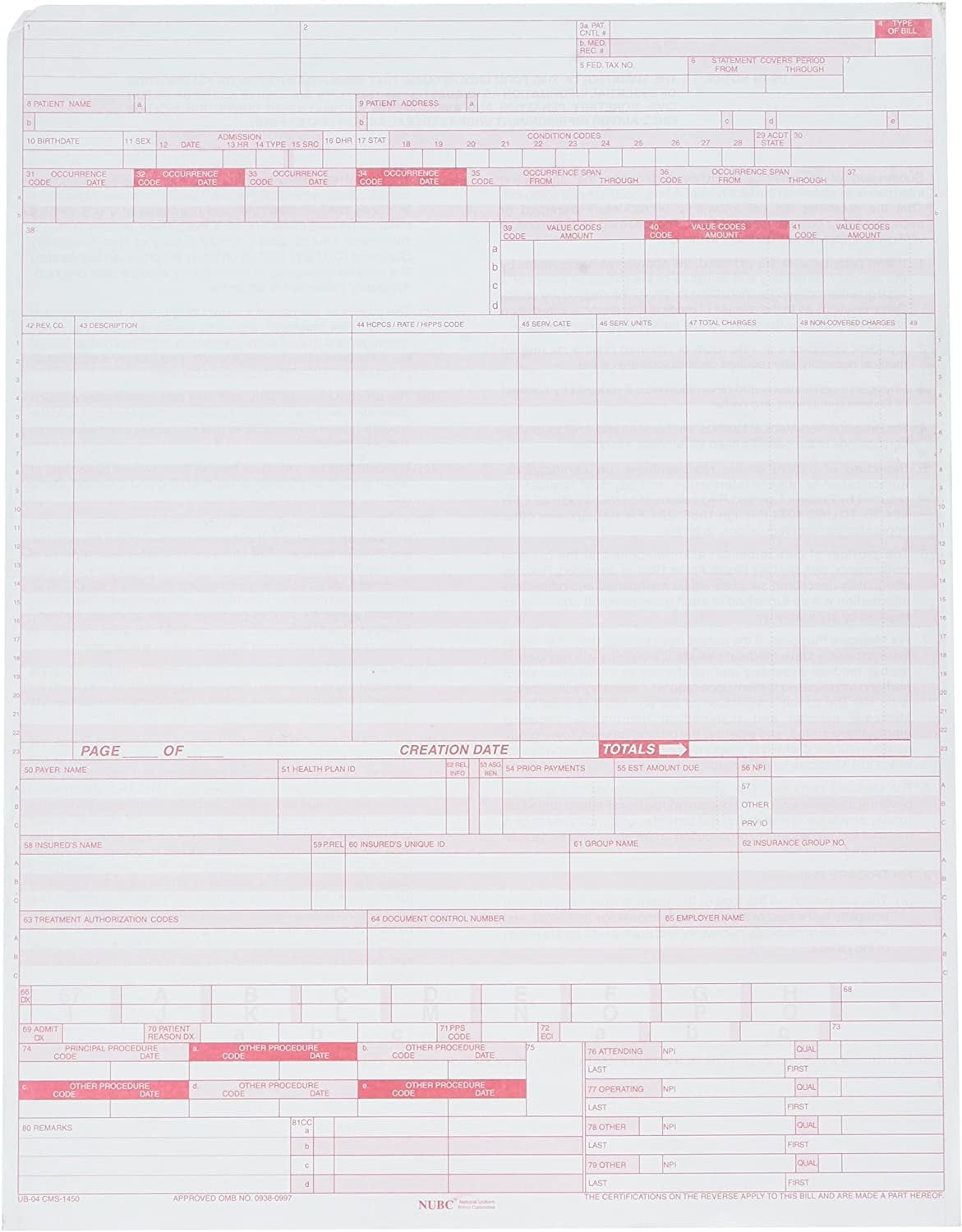 UB-04 CMS 1450 Health Insurance Claim Form Pack of 500 sheets - Walmart.com