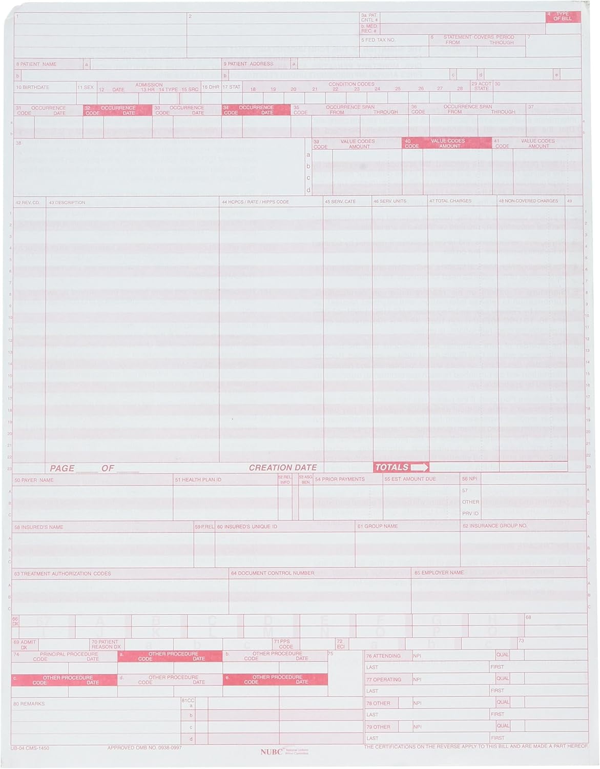 UB-04 (CMS 1450) Health Insurance Claim Form (Pack of 500 sheets ...