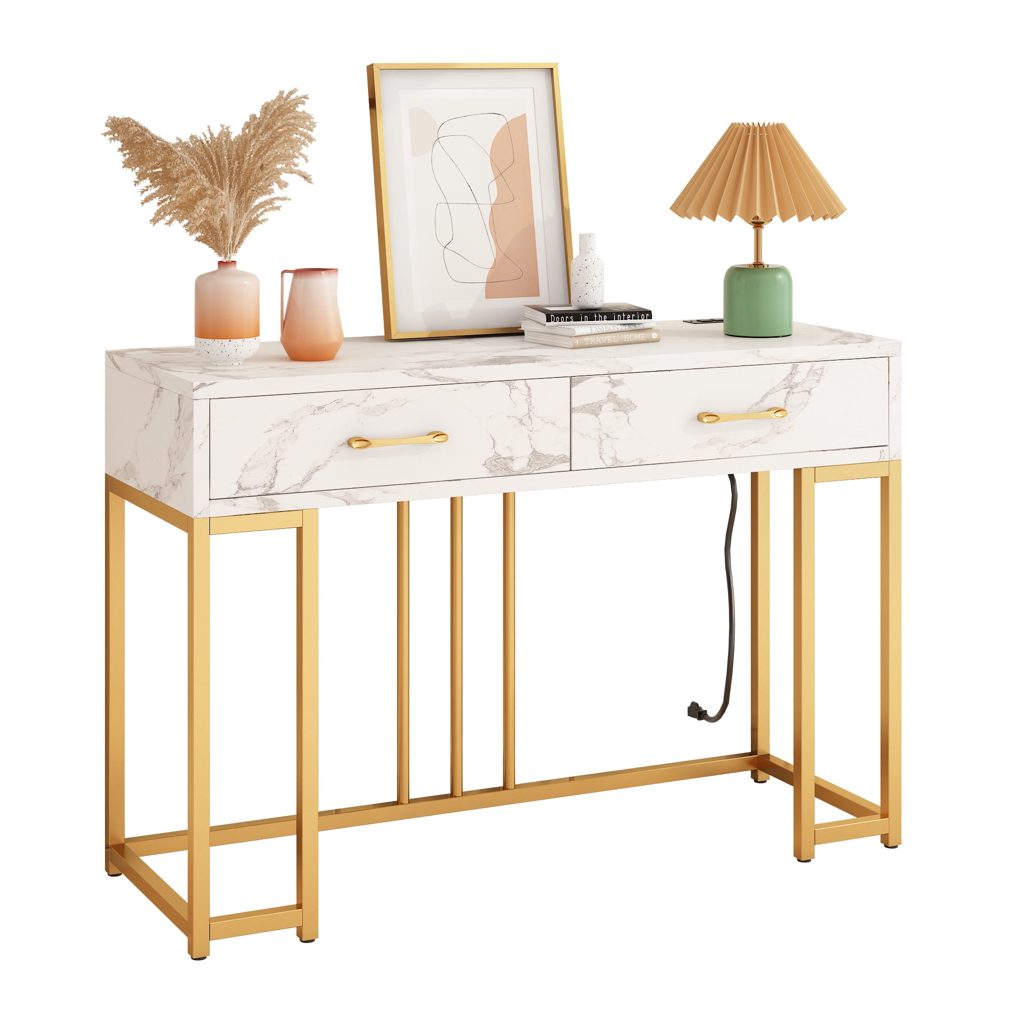 UBesGoo 2-Drawers Console Entry Table with Outlets & USB Ports for ...