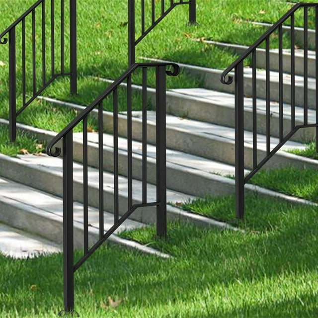 UBesGoo Matte Black Wrought Iron Handrail, 2-Step Stair Rail, Metal ...