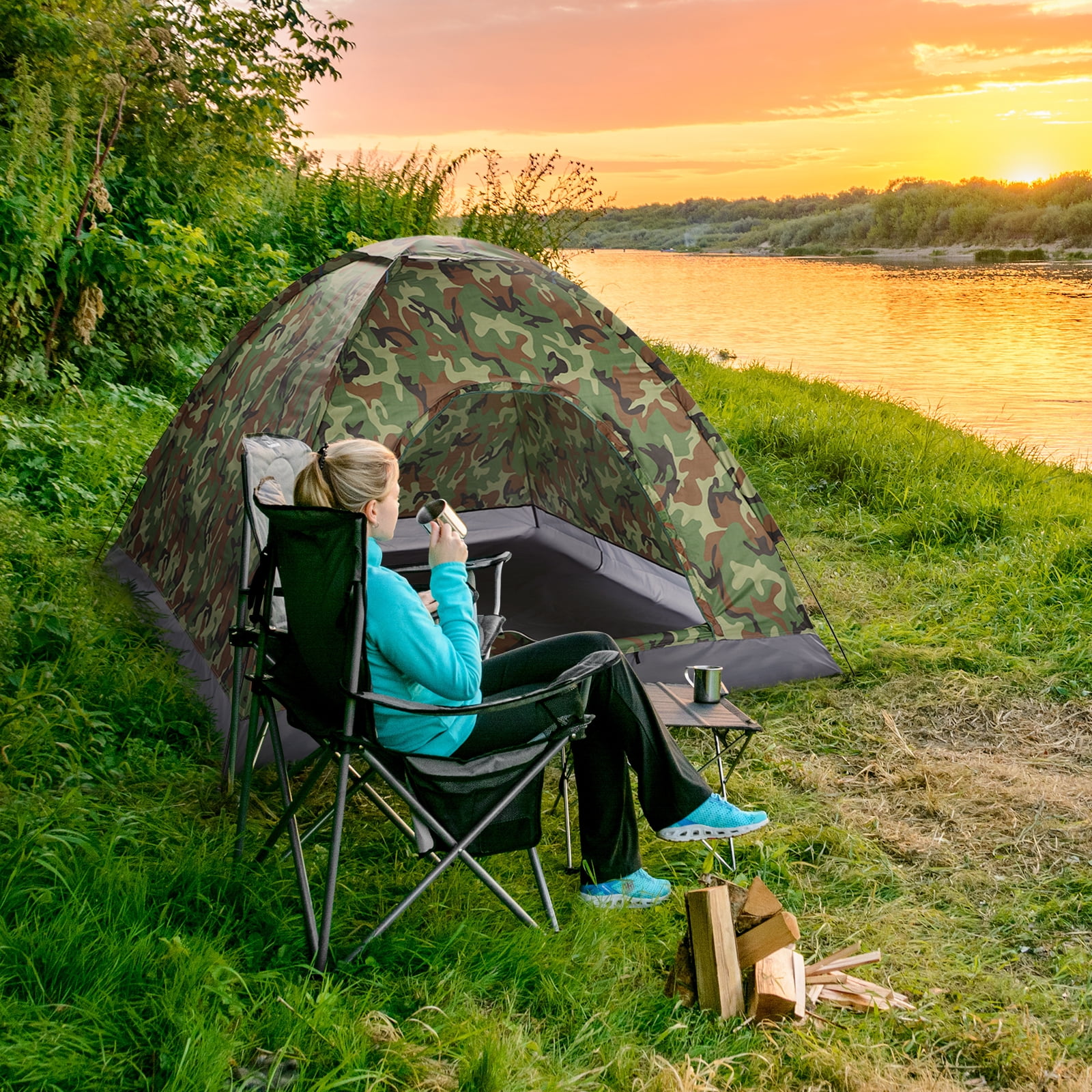 UBesGoo 3-4 Person Lightweight, Windproof, Rainproof Camouflage Camping ...