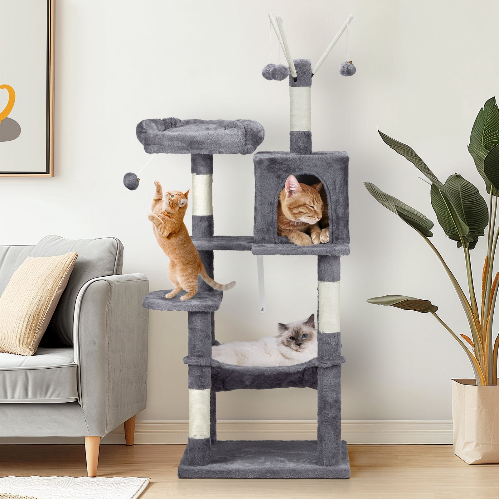 UBesGoo 57-in Cat Tree Tower House with Padded Bed Toy Balls Condo ...