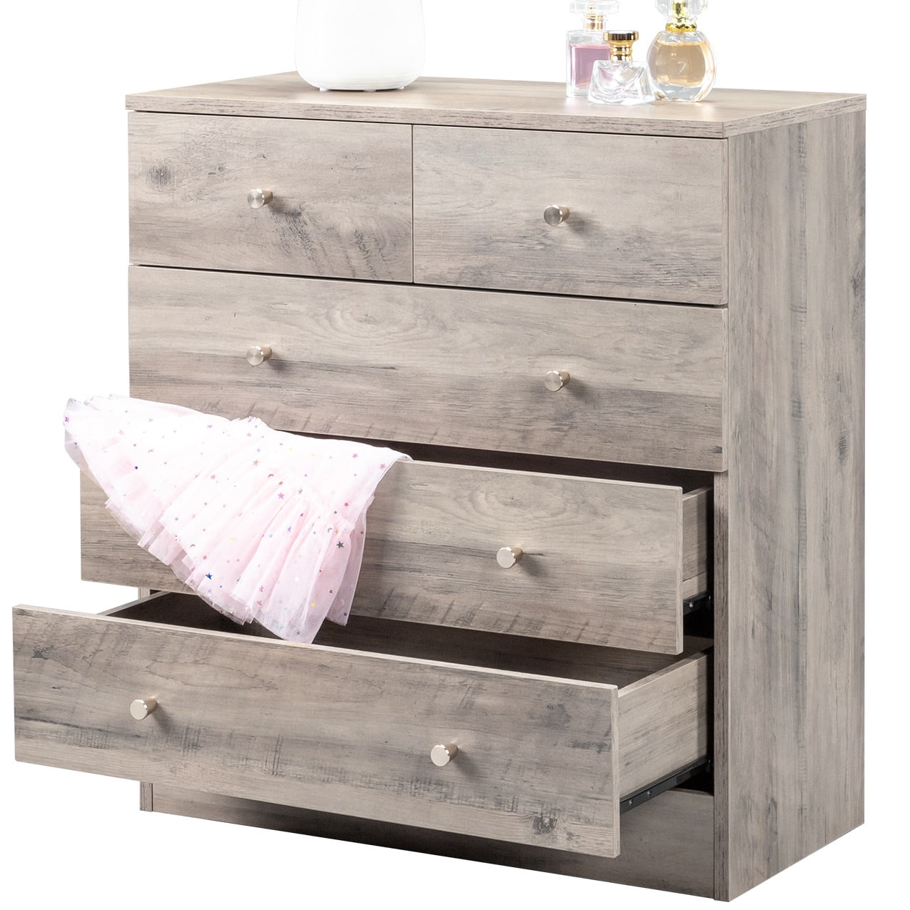"UBesGoo 5 Drawer Wood Dresser, Organization Storage Chest, Gray, 26 ...