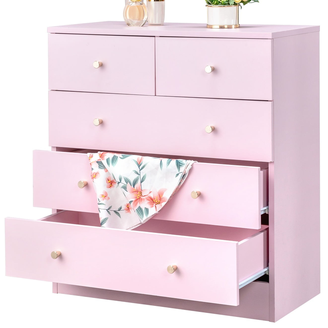 "UBesGoo 5 Drawer Wood Dresser, Pink, Storage Organization Unit for ...