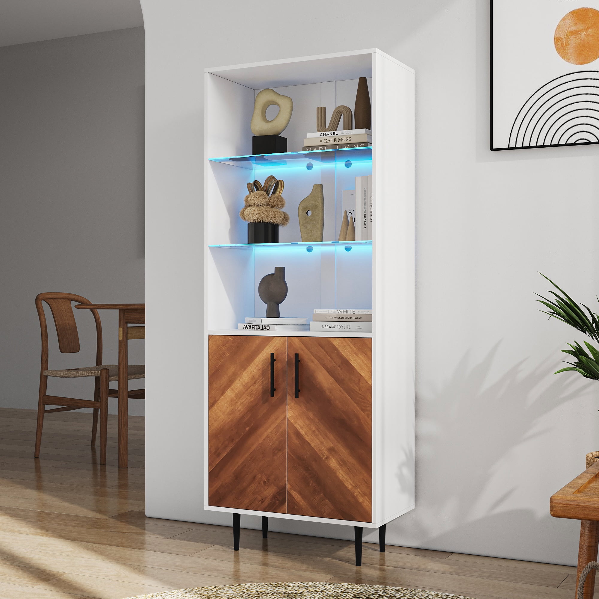 UBesGoo 5 Tier Bookcase, Storage Cabinet with 2 doors and 3 Glass Shelf ...