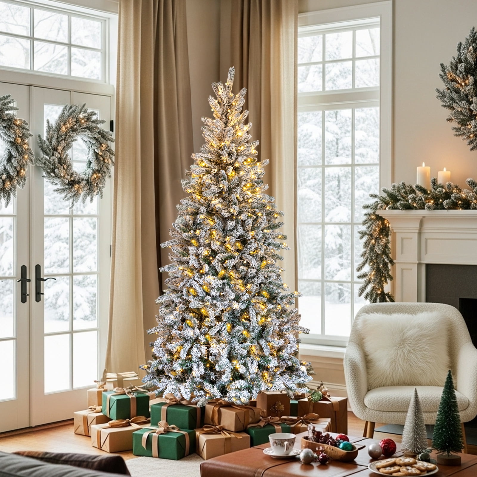 UBesGoo 7ft Snow Flocked Christmas Tree, Pre-Lit Hinged Artificial Pine ...