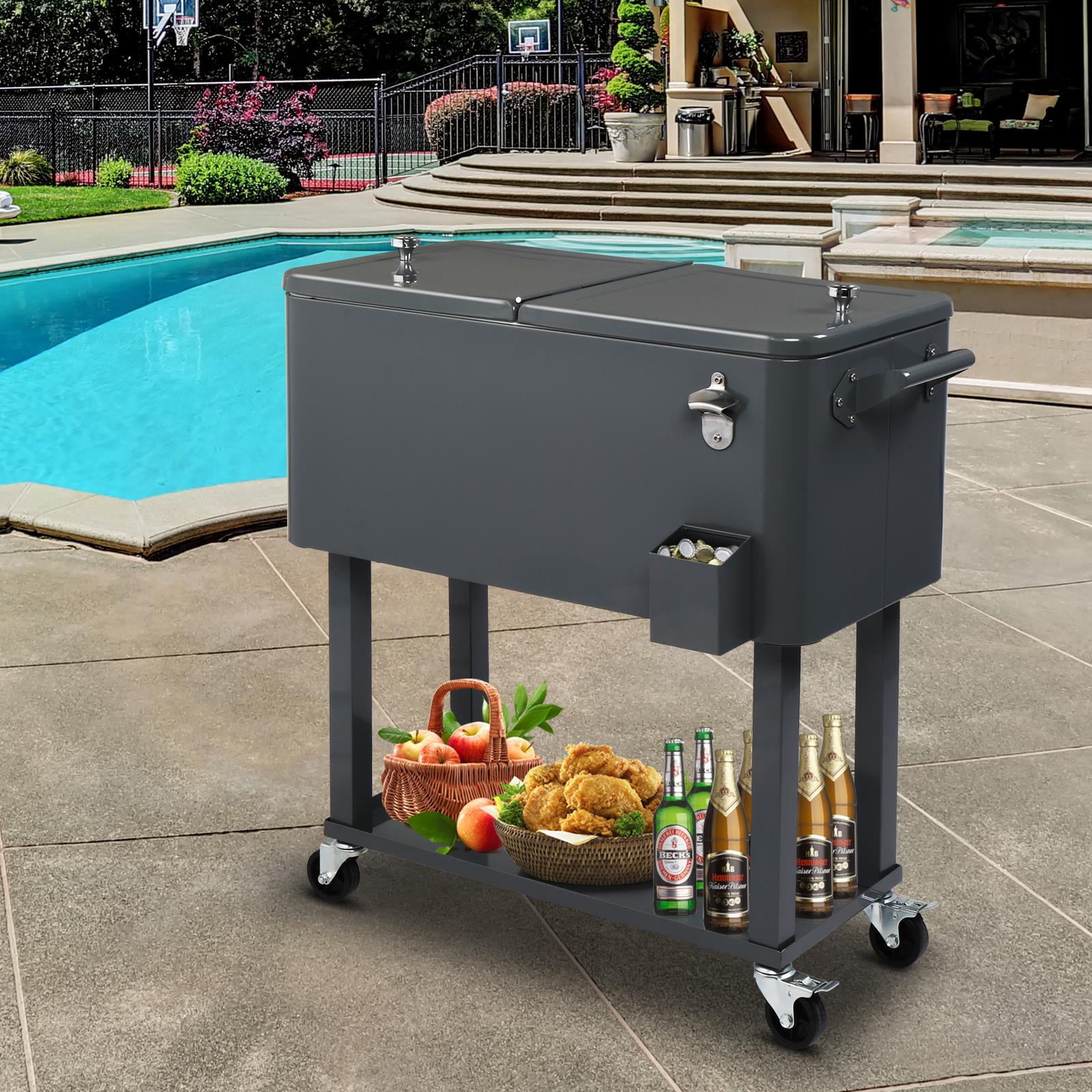 UBesGoo 80QT Rolling Outdoor Patio Party Metal Cooler Cart with Warm ...