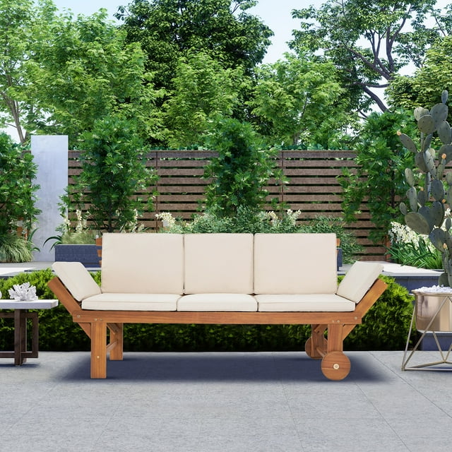 UBesGoo Acacia Wood Bench w/ Cuhsion and Liftable Coffee Side Table ...