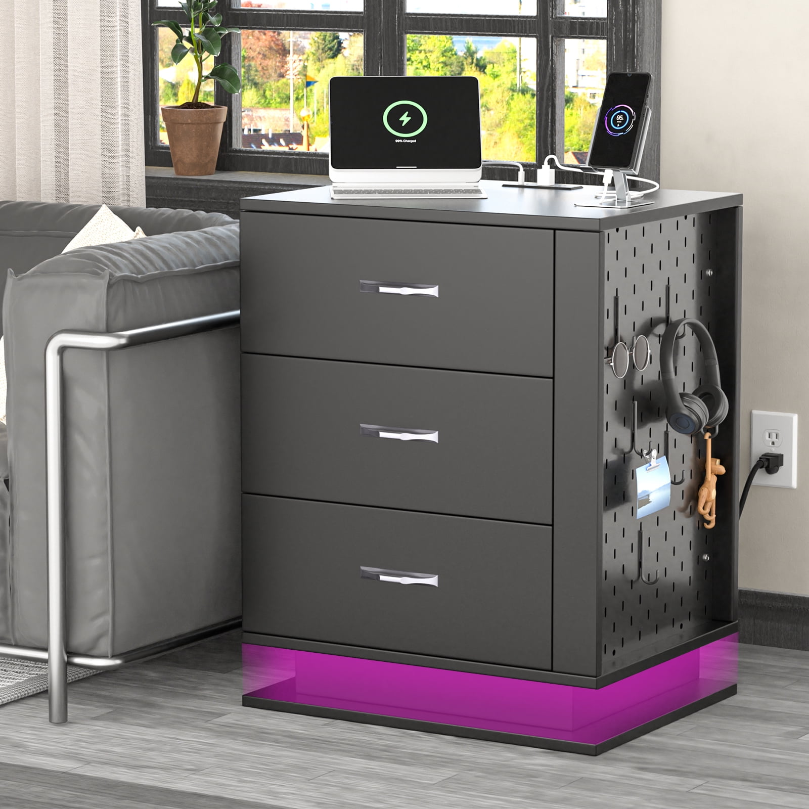 UBesGoo Black Nightstand with Charging Station and DIY Pegboard & Hooks ...