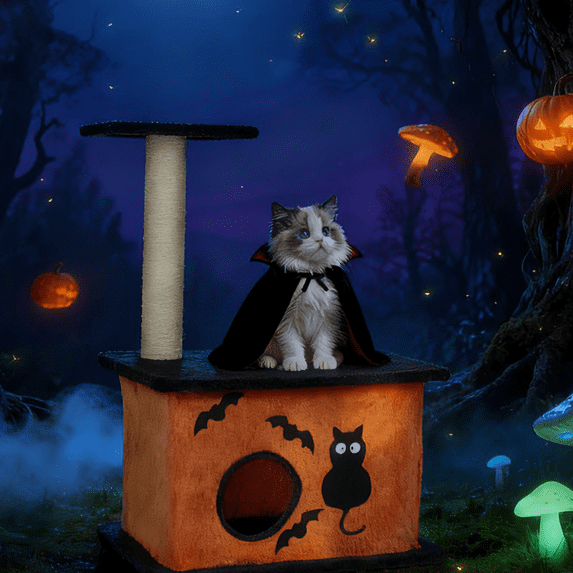 UBesGoo Black & Orange Cat Tree, Halloween Themed Scary Face Design ...