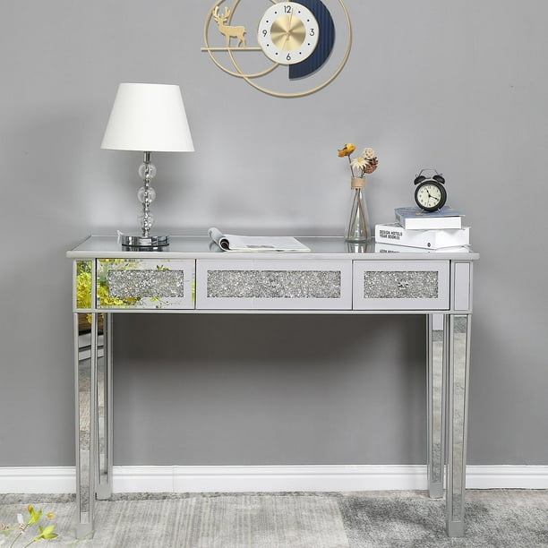 UBesGoo Computer Desk Mirrored Surface Laptop Table Study Table with 3 Broken Glass Drawer Silver