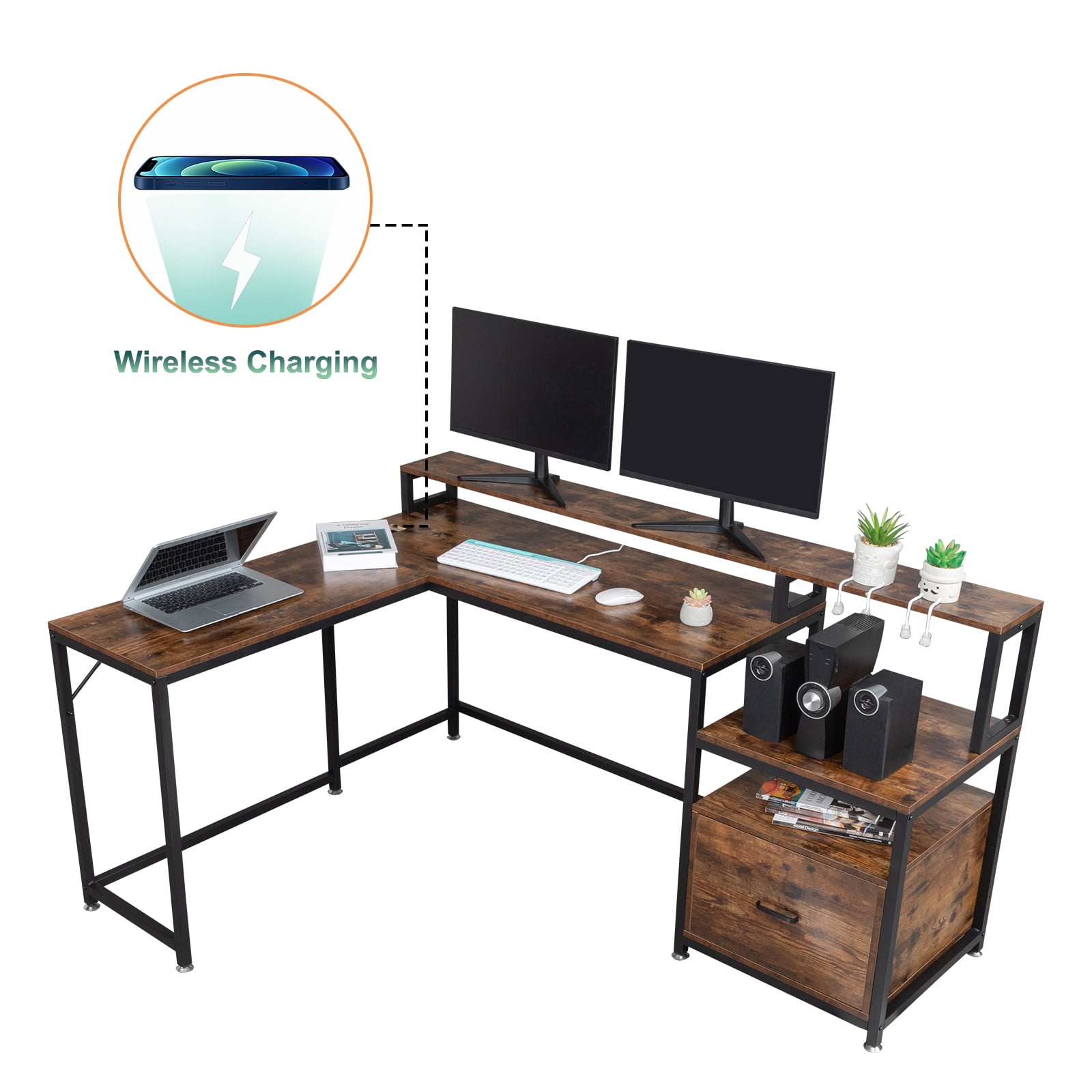 UBesGoo L-Shaped Computer Desk with Wireless Charging, File Cabinet ...